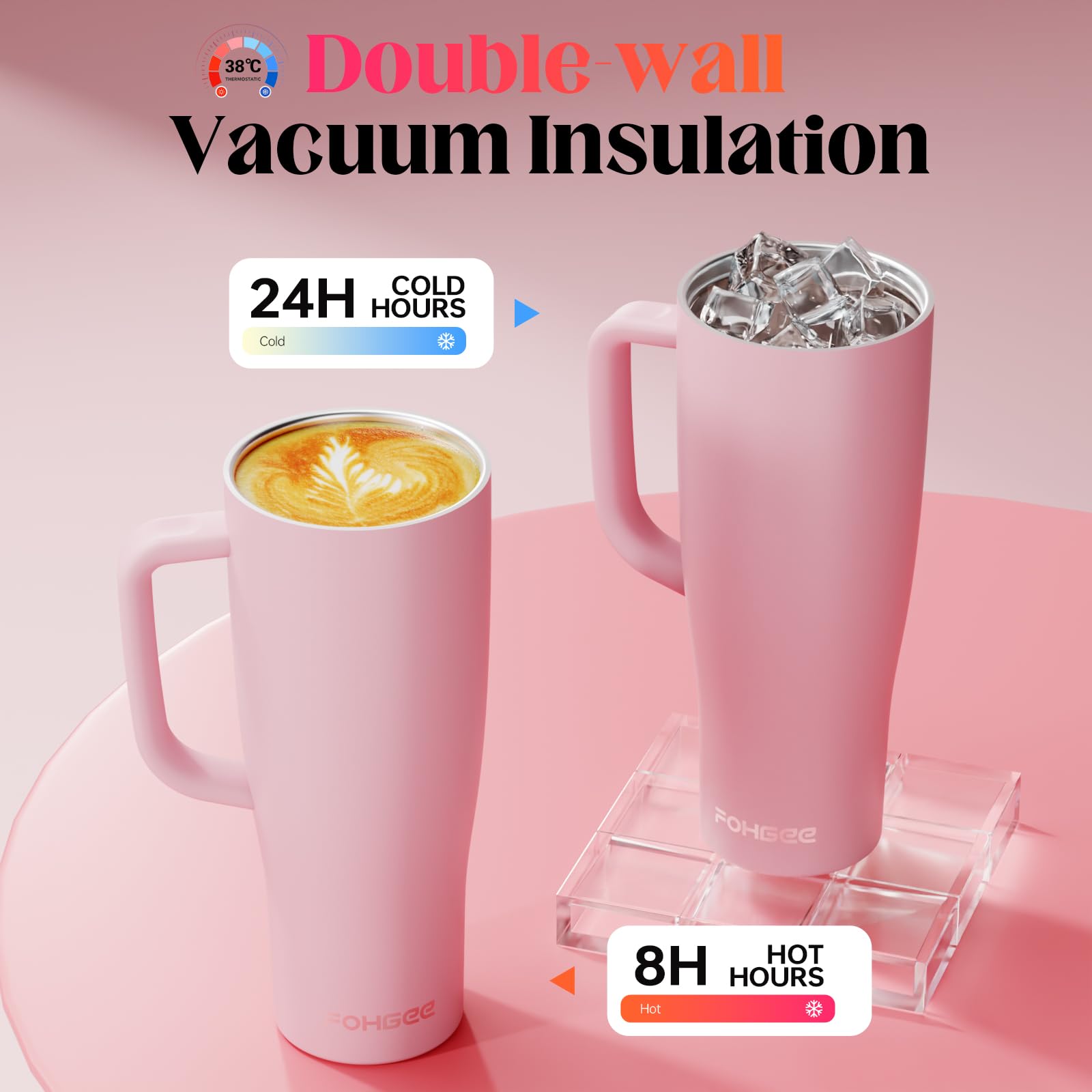 FOHGEE 40oz Tumbler with Handle and Straw Lid【Magnetic lid + Removable built-in straw】100% Leak-proof Travel Coffee Mug, Stainless Steel Insulated Cup, Keeps Cold for 24Hrs (ChillWave Pink Dream)