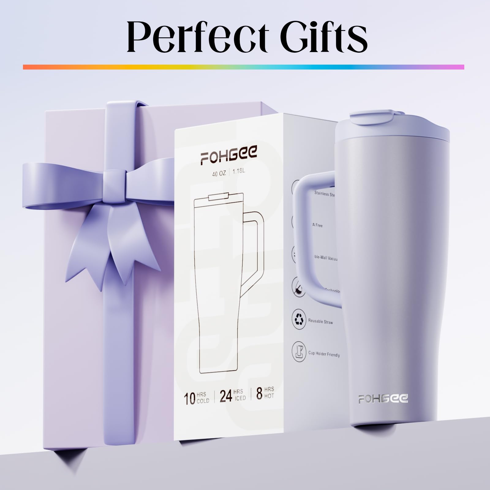 FOHGEE 40oz Tumbler with Handle and Straw Lid【Magnetic lid + Removable built-in straw】100% Leak-proof Travel Coffee Mug, Stainless Steel Insulated Cup, Keeps Cold for 24Hrs (ChillWave Purple Whirl)