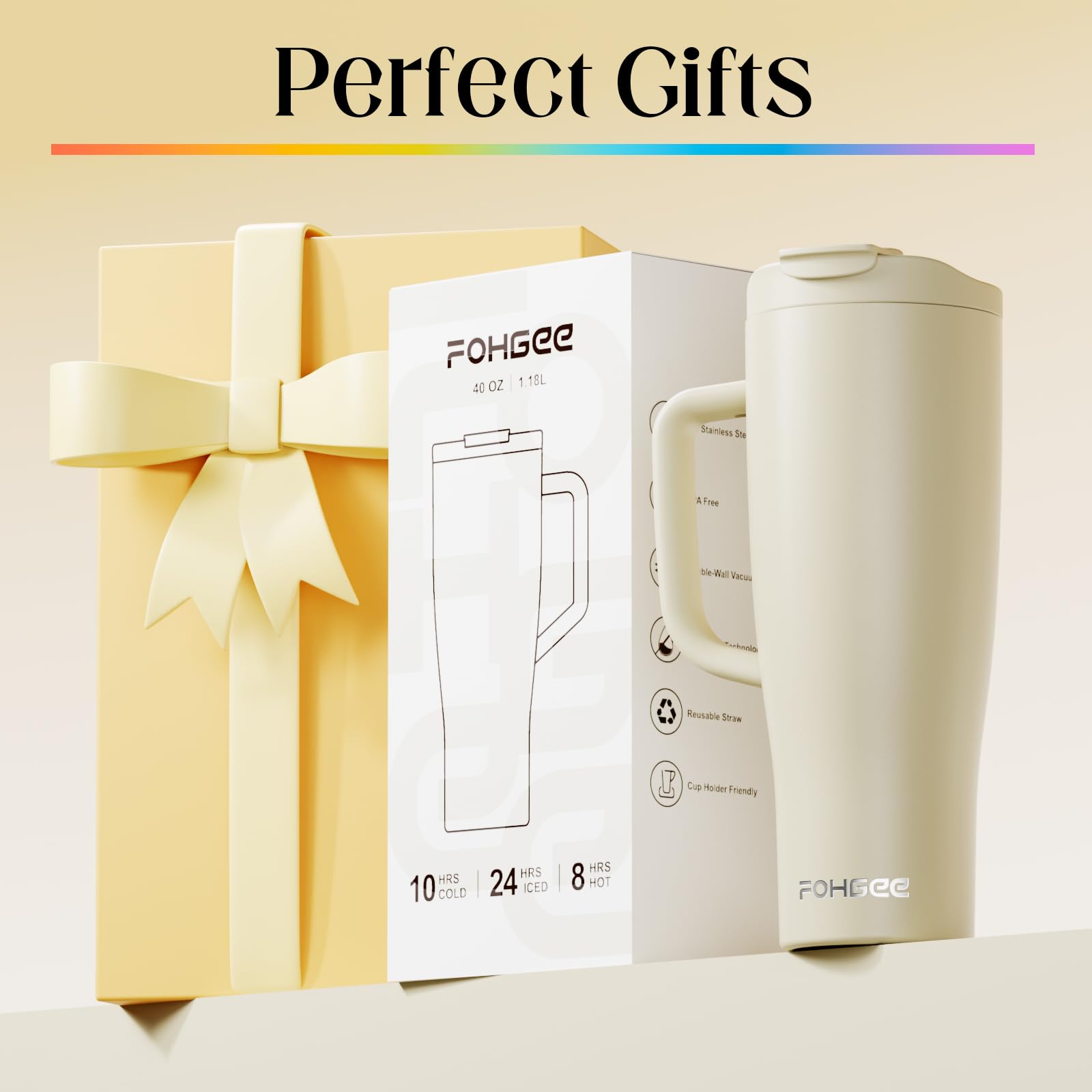 FOHGEE 40oz Tumbler with Handle and Straw Lid【Magnetic lid + Removable built-in straw】100% Leak-proof Travel Coffee Mug, Stainless Steel Insulated Cup, Keeps Cold for 24Hrs (ChillWave Cream Whisper)
