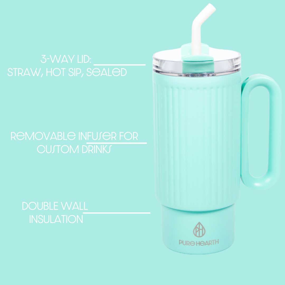 PURE HEARTH EcoFuse Tumbler with Handle and Straw 40 oz | Twist on 3 Way Lid | Double Wall Vacuum Insulated Stainless Steel Cup for Travel | Infusion Filter | Keep Hot and Cold | BPA Free (Mint Green)
