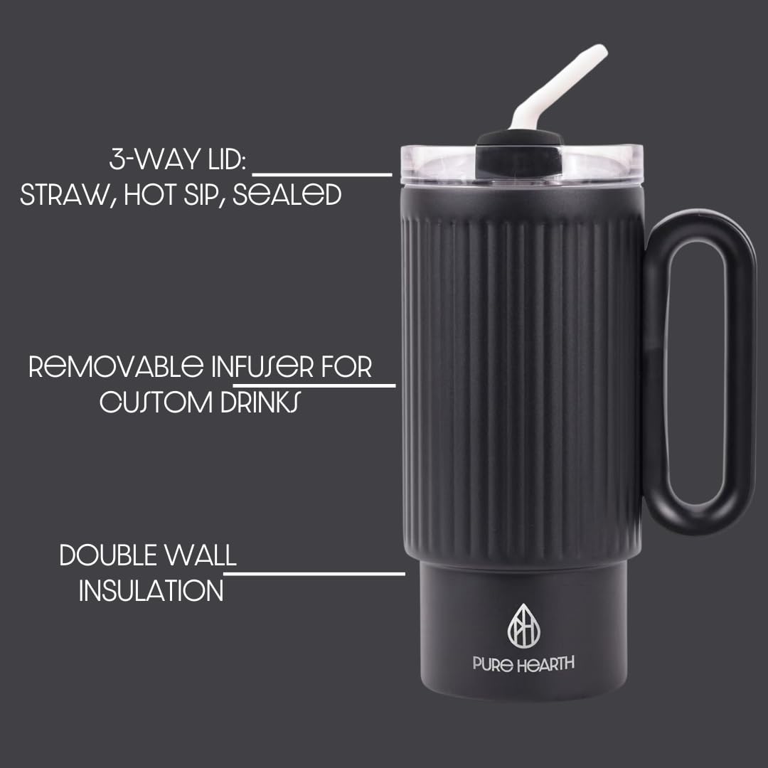 PURE HEARTH EcoFuse Tumbler with Handle and Straw 40 oz | Twist on 3 Way Lid | Double Wall Vacuum Insulated Stainless Steel Cup for Travel | Infusion Filter | Keep Hot and Cold | BPA Free (Black)