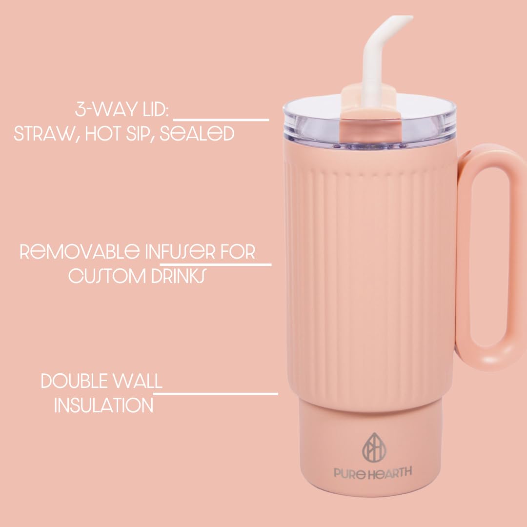 PURE HEARTH EcoFuse Tumbler with Handle and Straw 40 oz | Twist on 3 Way Lid | Double Wall Vacuum Insulated Stainless Steel Cup for Travel | Infusion Filter | Keep Hot and Cold | BPA Free (Light Pink)