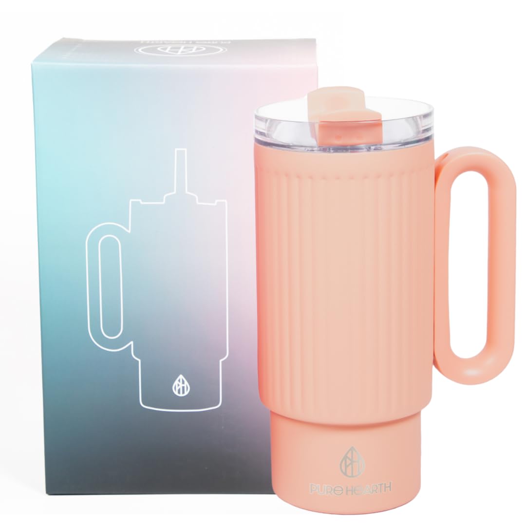 PURE HEARTH EcoFuse Tumbler with Handle and Straw 40 oz | Twist on 3 Way Lid | Double Wall Vacuum Insulated Stainless Steel Cup for Travel | Infusion Filter | Keep Hot and Cold | BPA Free (Light Pink)