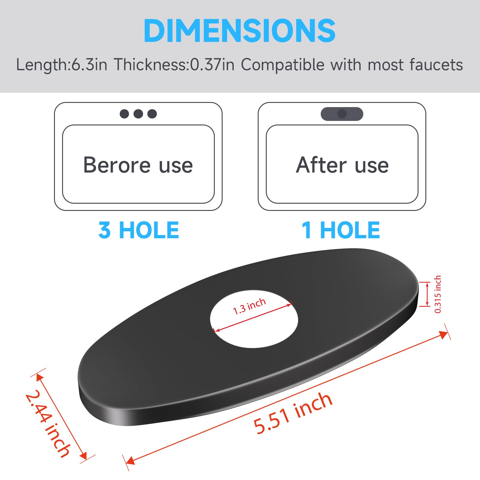 2 pc Faucet Plate, Faucet Hole Cover, Deck Plate Escutcheon for Kitchen Faucet- Sink Hole Cover, Plumbing Cover Plates, 5.5" Deck Plate for Pull Down Faucet: Stainless Steel (Mate Black)