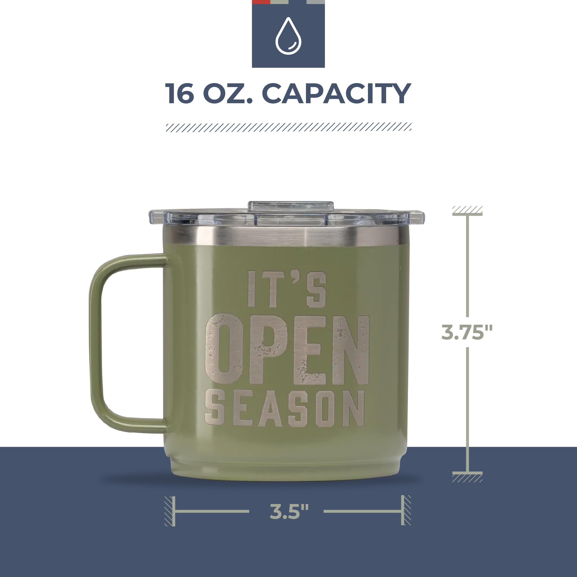 ORCA Camper 16 oz Stainless Steel Insulated Coffee Mug with Handle | Thermos Style Temperature Insulation, Portable Tumbler Cup with a Clear Lid, Home Essentials β Open Season Dark Green Print
