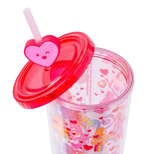 Silver Buffalo Care Bears Love Rainbow Hearts Featuring Friend Bear and Love-A-Lot Bear Plastic Cold Cup with Lid and Topper Straw, 24 Ounces