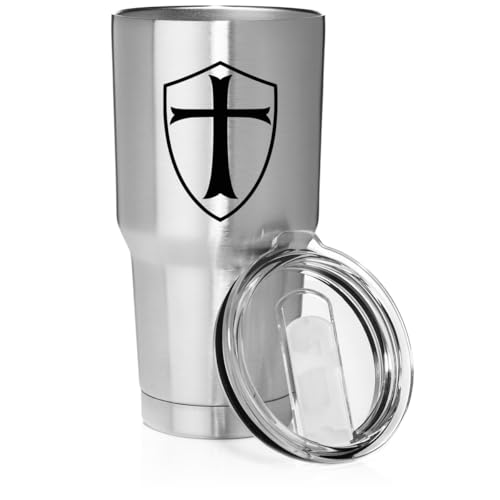 Smooth Body Tumbler Stainless Steel Vacuum Insulated Travel Mug Cup Gift Templar Shield Knight Cross (Stainless Steel, 30 oz)