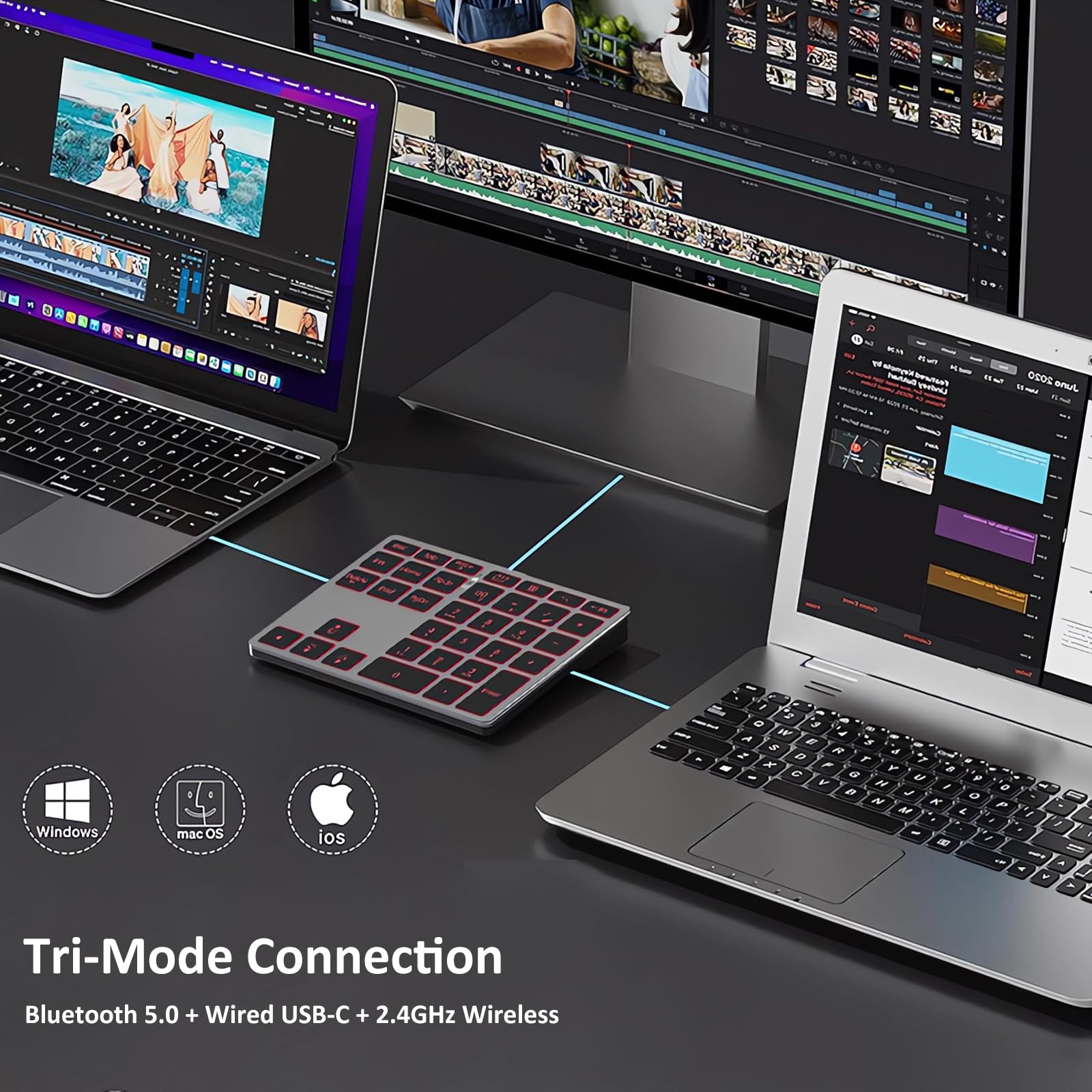 LINKEET Tri-Mode Aluminum Numpad 7-Color LED Backlit, BT5.0/USB/2.4G Wireless Rechargeable Number Pad 35-Key Scissor Switches Light Up Keycaps for PC/Laptop/Win/Mac, Grey Black