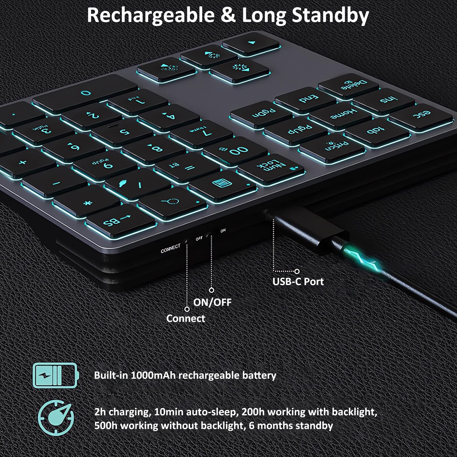 LINKEET Tri-Mode Aluminum Numpad 7-Color LED Backlit, BT5.0/USB/2.4G Wireless Rechargeable Number Pad 35-Key Scissor Switches Light Up Keycaps for PC/Laptop/Win/Mac, Grey Black