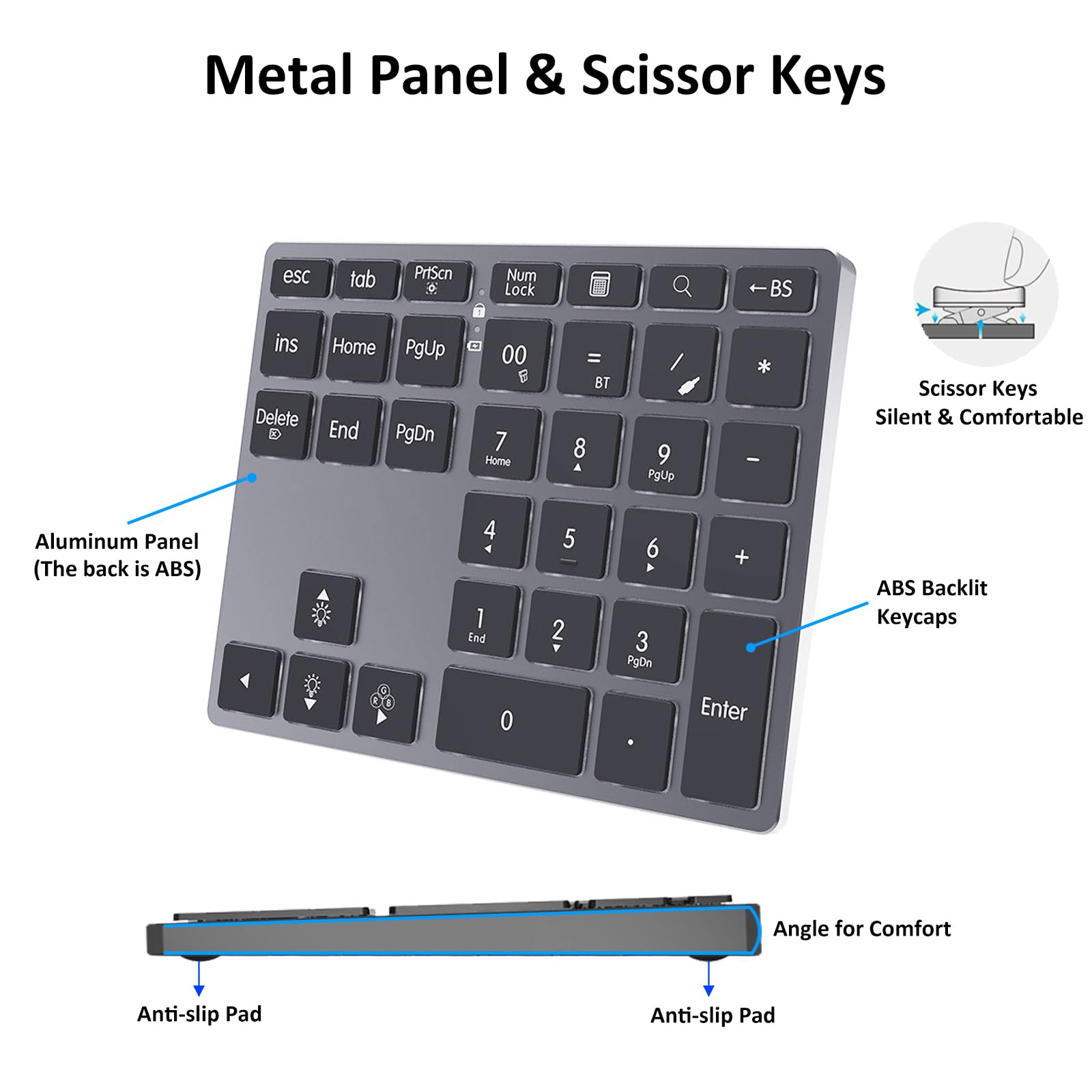 LINKEET Tri-Mode Aluminum Numpad 7-Color LED Backlit, BT5.0/USB/2.4G Wireless Rechargeable Number Pad 35-Key Scissor Switches Light Up Keycaps for PC/Laptop/Win/Mac, Grey Black