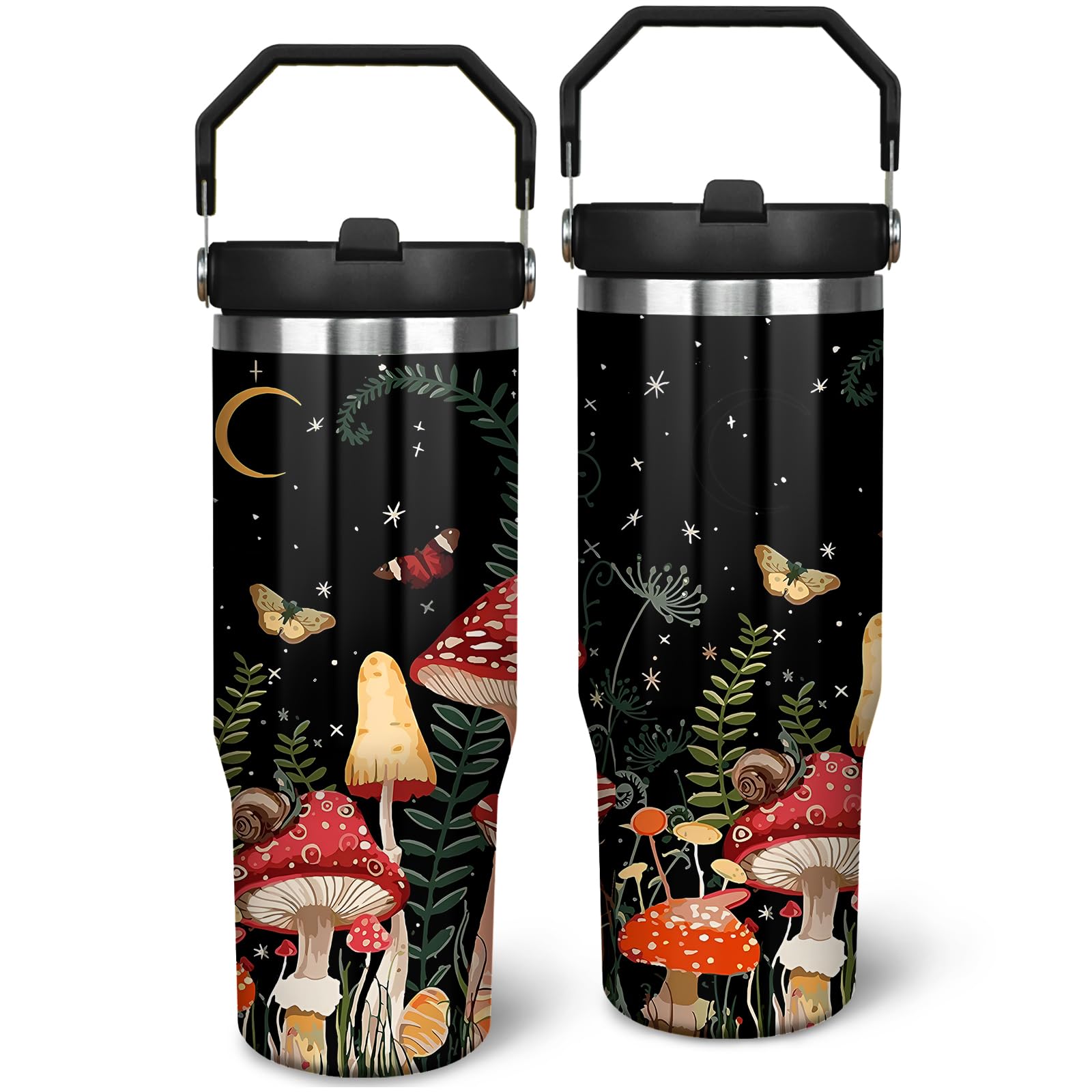 thmasamwr Mushroom Tumbler with Lid and Straw, Stainless Steel Mushroom 30oz Tumbler with Handle, Black Mushroom Travel Coffee Mug Mushroom Gifts Cups for Women and Men