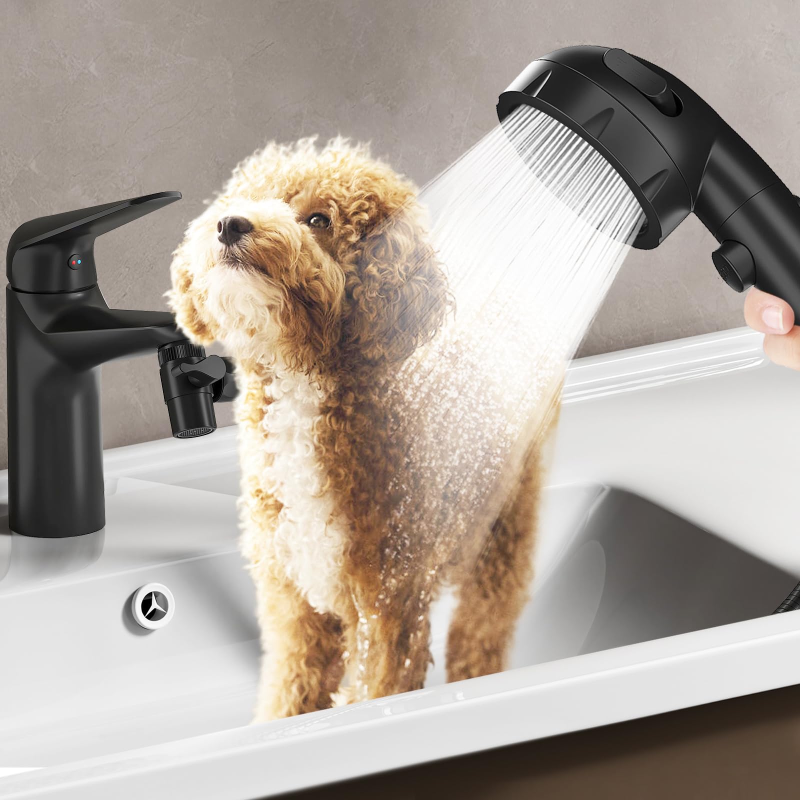 HOWUWEY Sink Hose Attachment With 5 Adapters, Tub Sprayer, 3 Spray Modes Shower Head, ON/OFF Button, Filtered Sprayer for Faucet (Matte Black)