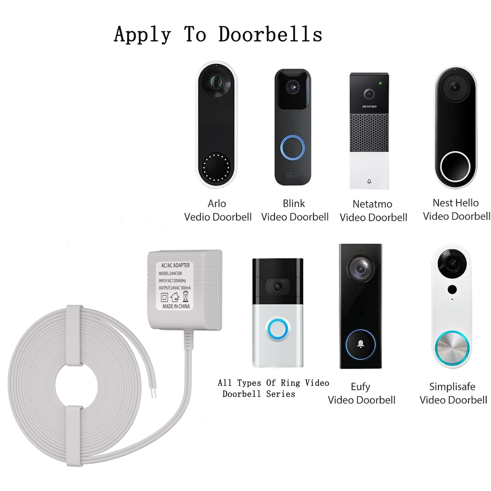 24V Doorbell Transformer 33FT Output Line for All Models of Ring Doorbells, Nest, Honeywell, Ecobee, Arlo, Wyze, Eufy (White),Reliable Power Supply for Smart Thermostats and Video Doorbells