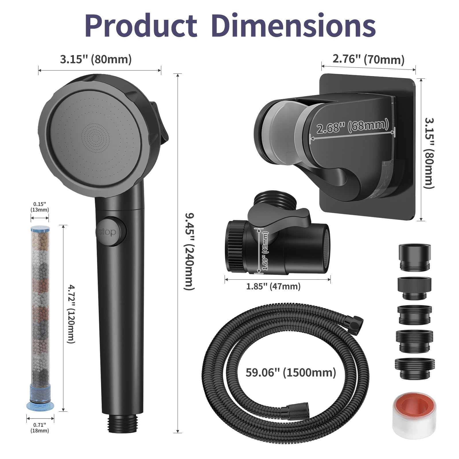 HOWUWEY Sink Hose Attachment With 5 Adapters, Tub Sprayer, 3 Spray Modes Shower Head, ON/OFF Button, Filtered Sprayer for Faucet (Matte Black)