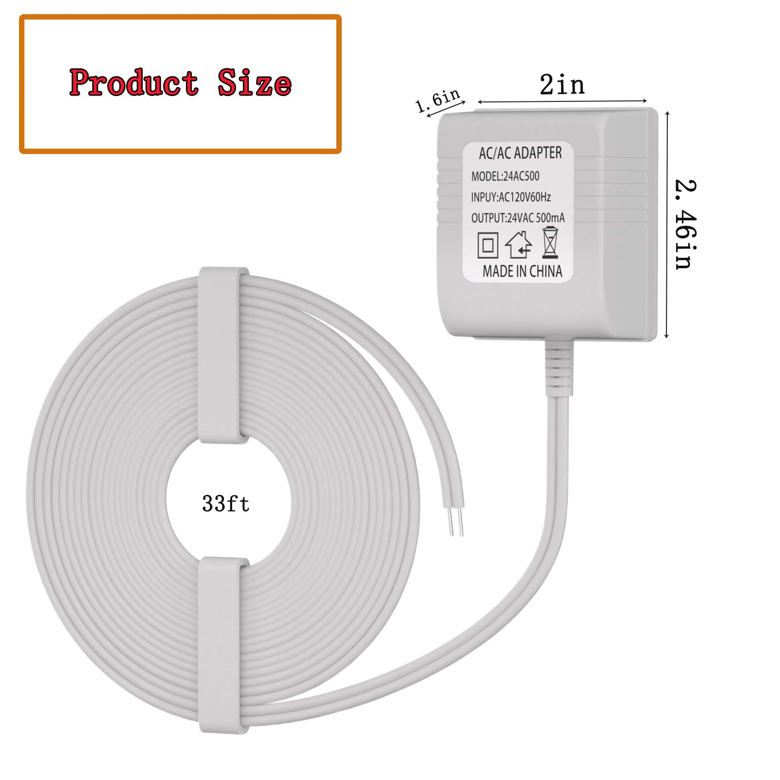 24V Doorbell Transformer 33FT Output Line for All Models of Ring Doorbells, Nest, Honeywell, Ecobee, Arlo, Wyze, Eufy (White),Reliable Power Supply for Smart Thermostats and Video Doorbells