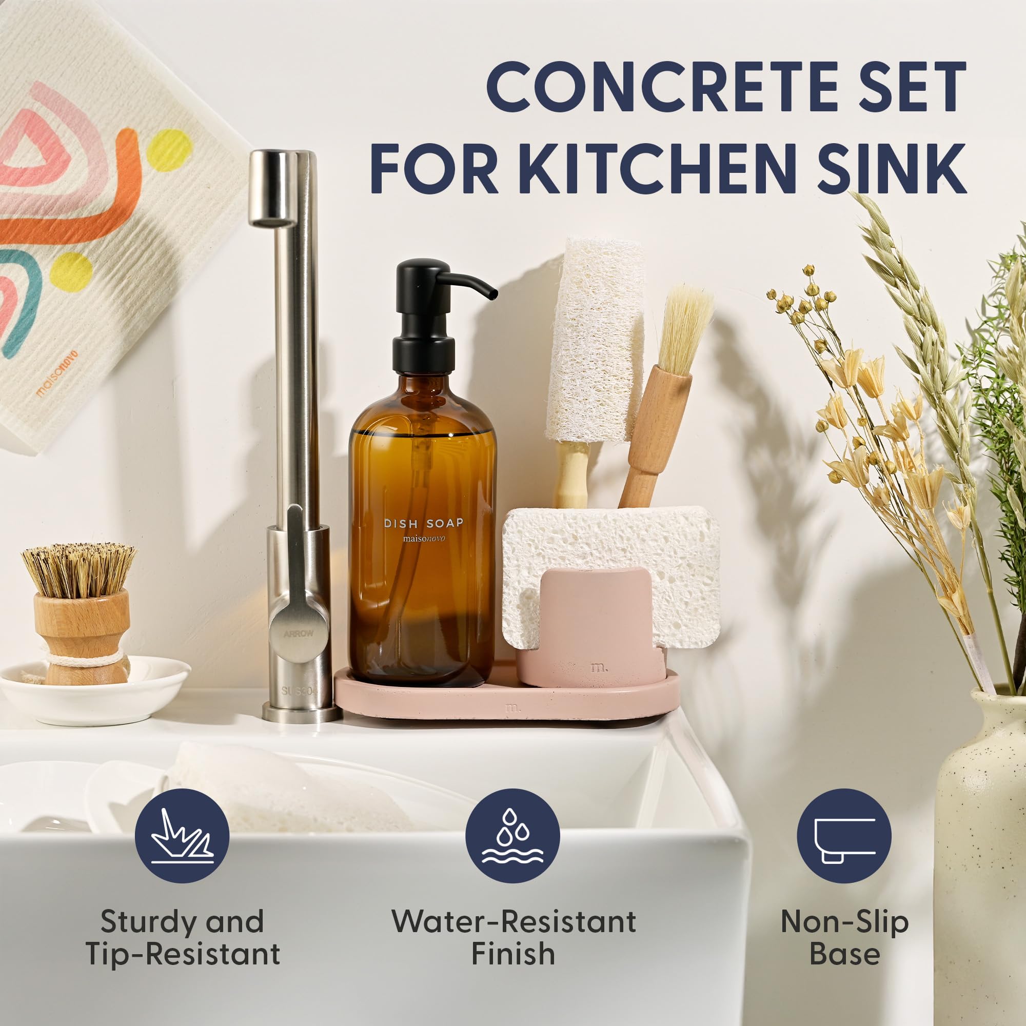 MaisoNovo Concrete Sink Sponge Holder - Kitchen Sponge Holder for Sink, Concrete Sponge and Brush Holder, Soap Dispenser, Pink Concrete Holder with Pink Oval Tray and Amber Bottle Black Pump