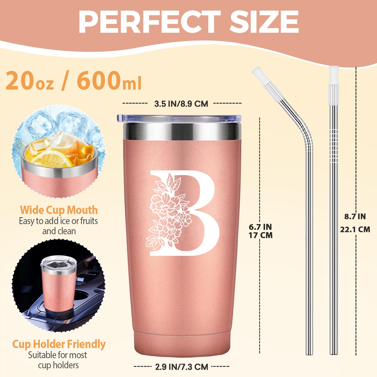 Leraverppy Personalized 20oz with Initial Stainless Steel Coffee,Leak Proof Rose Gold Tumbler with Lid And Straw Double Wall Thermal Cups for Hot and Cold Drinks Monogrammed Gifts for Women(C20-B)