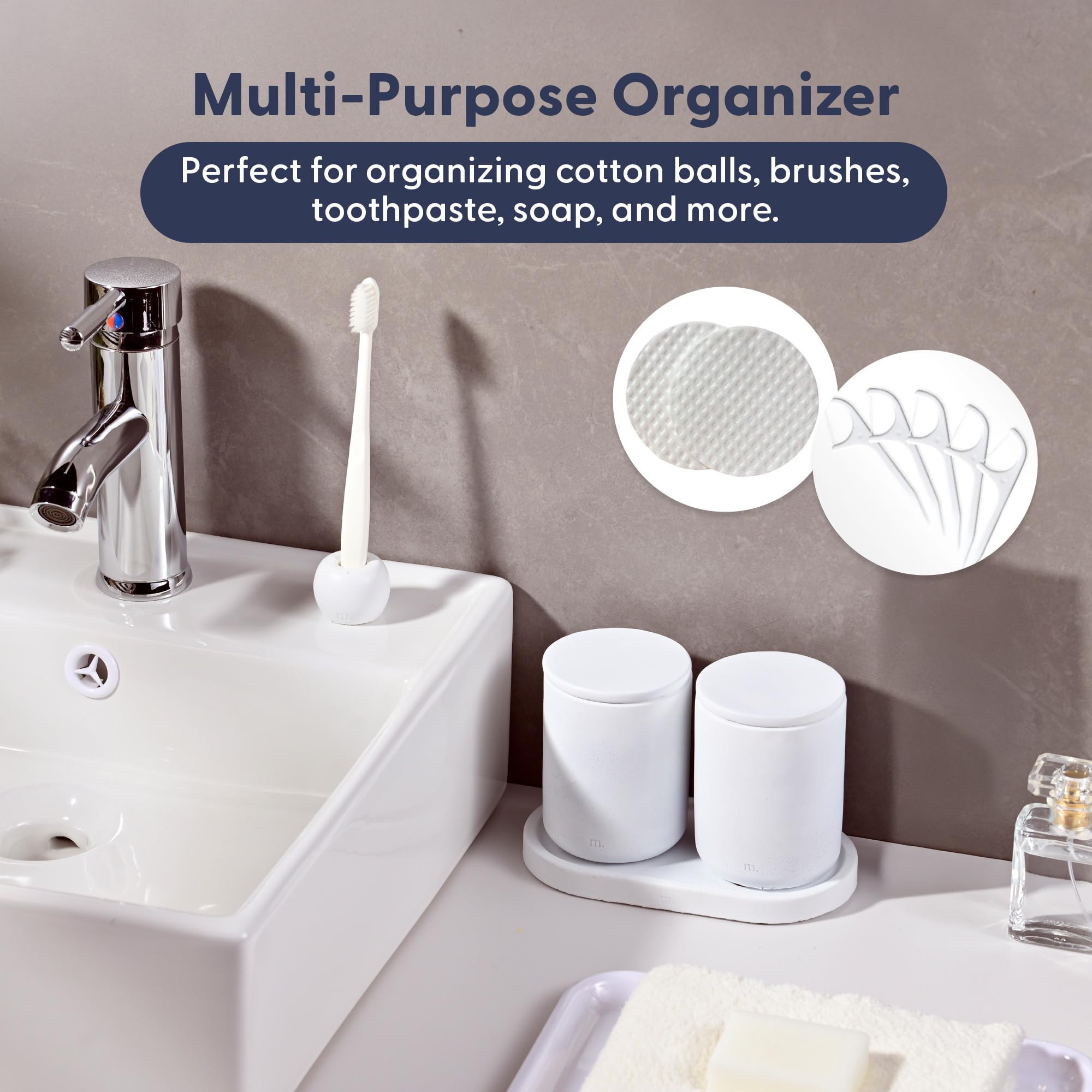 Maisonovo Stone Bathroom Toothbrush Holder Set β Qtip Holder, Cotton Ball & Cotton Rounds Holder, Countertop Toothbrush & Toothpaste Cup W/Stand & Tray, Qtip Container, Cotton Swab Organizer - White