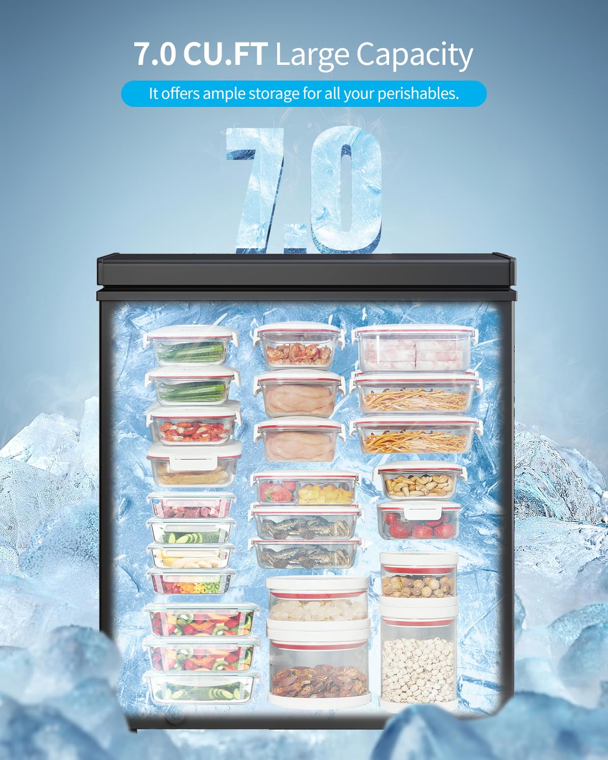 TABU 7.0 Cubic Feet Chest Freezer, Energy Saving Chest Deep Freezer with 7 Level Adjustable Thermostat, Top Opening Compact Freezer with Removable Storage Basket (Black)