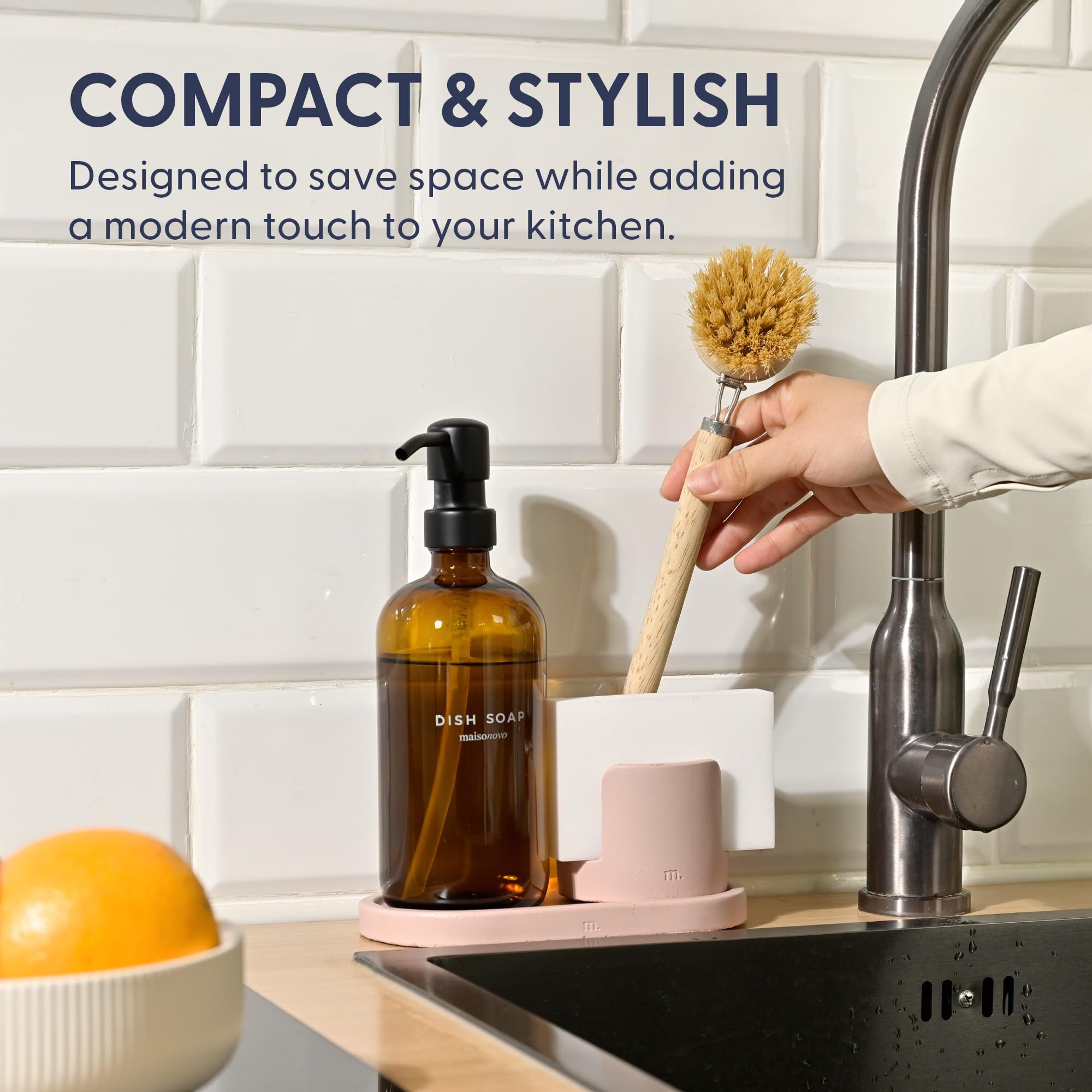 MaisoNovo Concrete Sink Sponge Holder - Kitchen Sponge Holder for Sink, Concrete Sponge and Brush Holder, Soap Dispenser, Pink Concrete Holder with Pink Oval Tray and Amber Bottle Black Pump