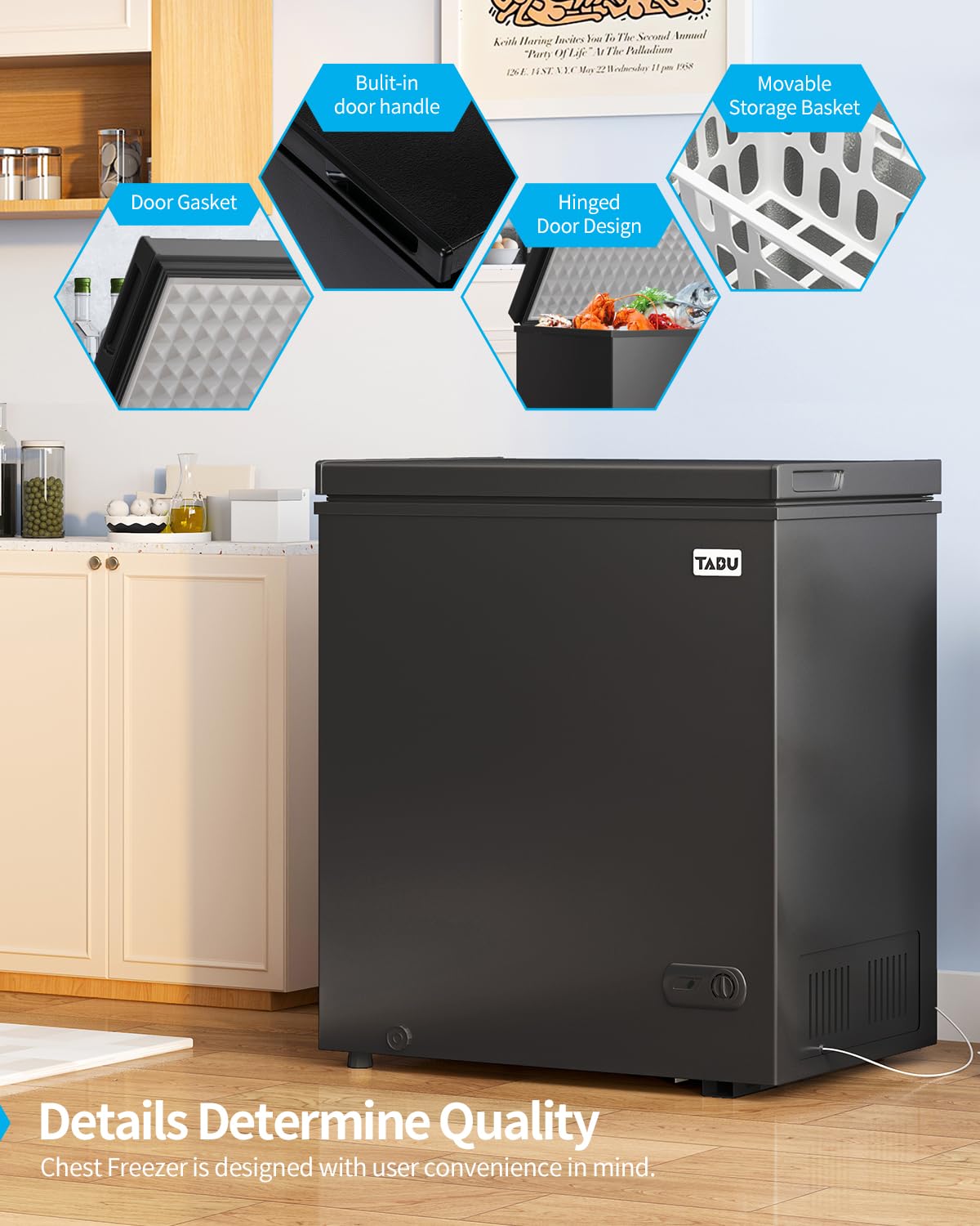 TABU 7.0 Cubic Feet Chest Freezer, Energy Saving Chest Deep Freezer with 7 Level Adjustable Thermostat, Top Opening Compact Freezer with Removable Storage Basket (Black)