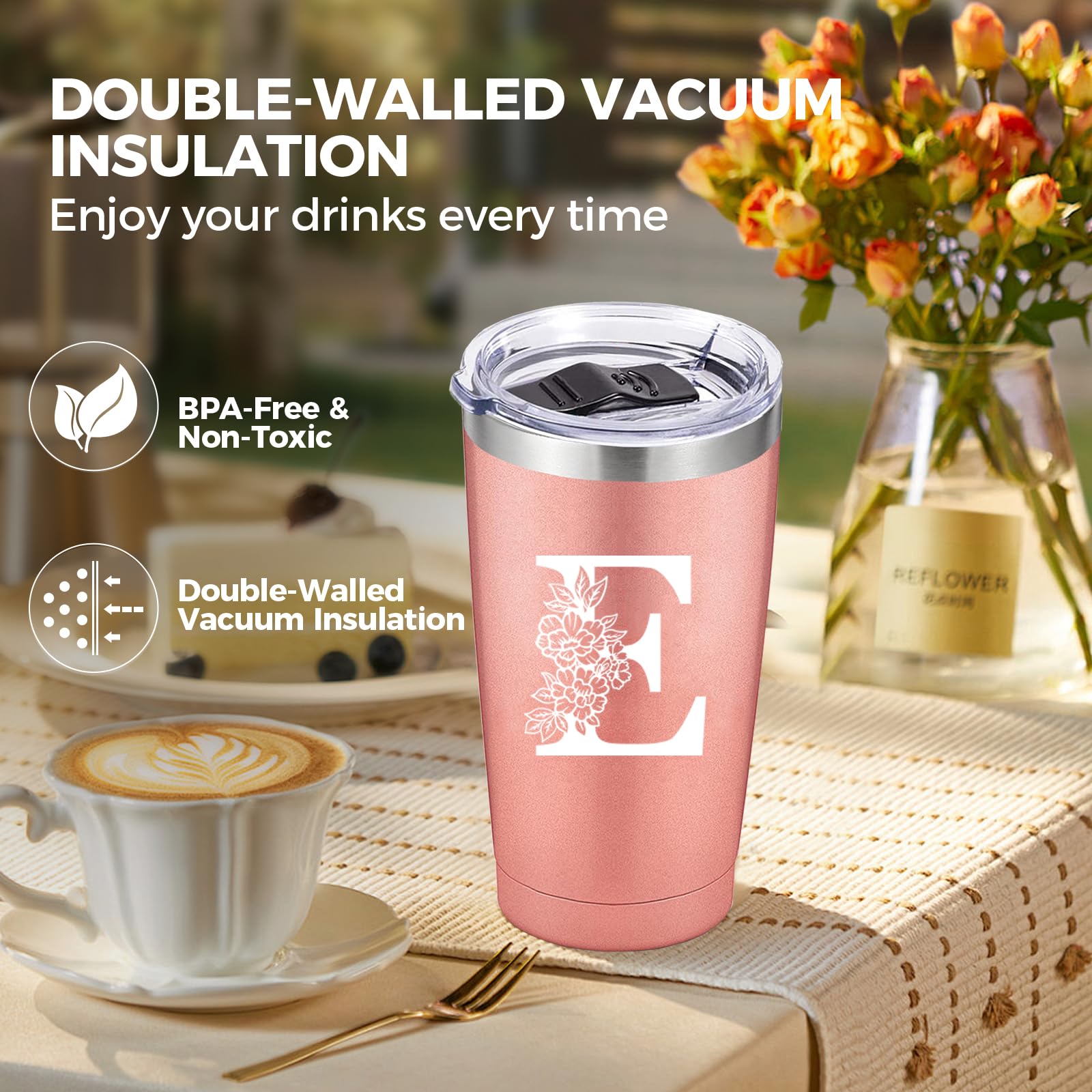 Leraverppy Personalized 20oz with Initial Stainless Steel Coffee,Leak Proof Rose Gold Tumbler with Lid And Straw Double Wall Thermal Cups for Hot and Cold Drinks Monogrammed Gifts for Women(C20-E)