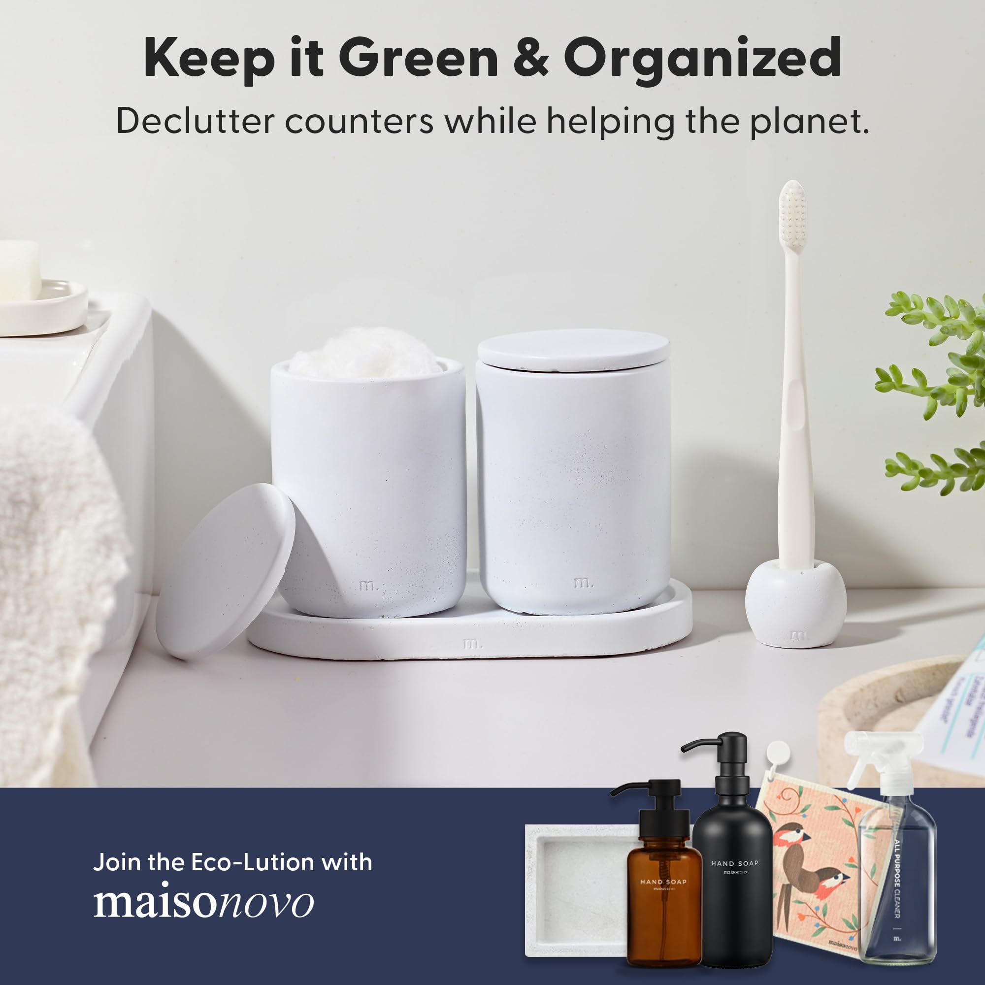 Maisonovo Stone Bathroom Toothbrush Holder Set β Qtip Holder, Cotton Ball & Cotton Rounds Holder, Countertop Toothbrush & Toothpaste Cup W/Stand & Tray, Qtip Container, Cotton Swab Organizer - White
