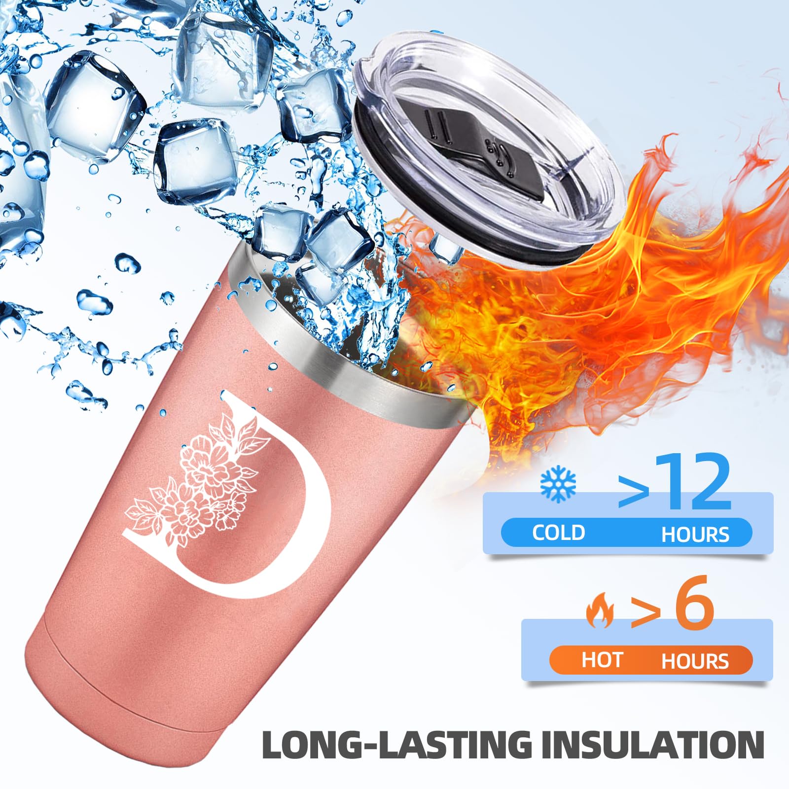 Leraverppy Personalized 20oz with Initial Stainless Steel Coffee,Leak Proof Rose Gold Tumbler with Lid And Straw Double Wall Thermal Cups for Hot and Cold Drinks Monogrammed Gifts for Women(C20-D)