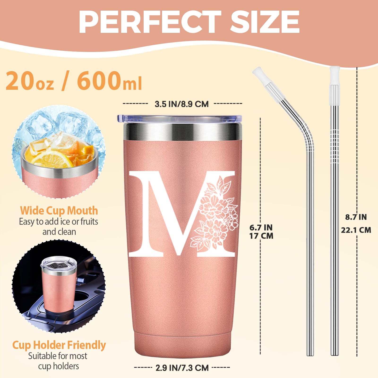 Leraverppy Personalized 20oz with Initial Stainless Steel Coffee,Leak Proof Rose Gold Tumbler with Lid And Straw Double Wall Thermal Cups for Hot and Cold Drinks Monogrammed Gifts for Women(C20-M)