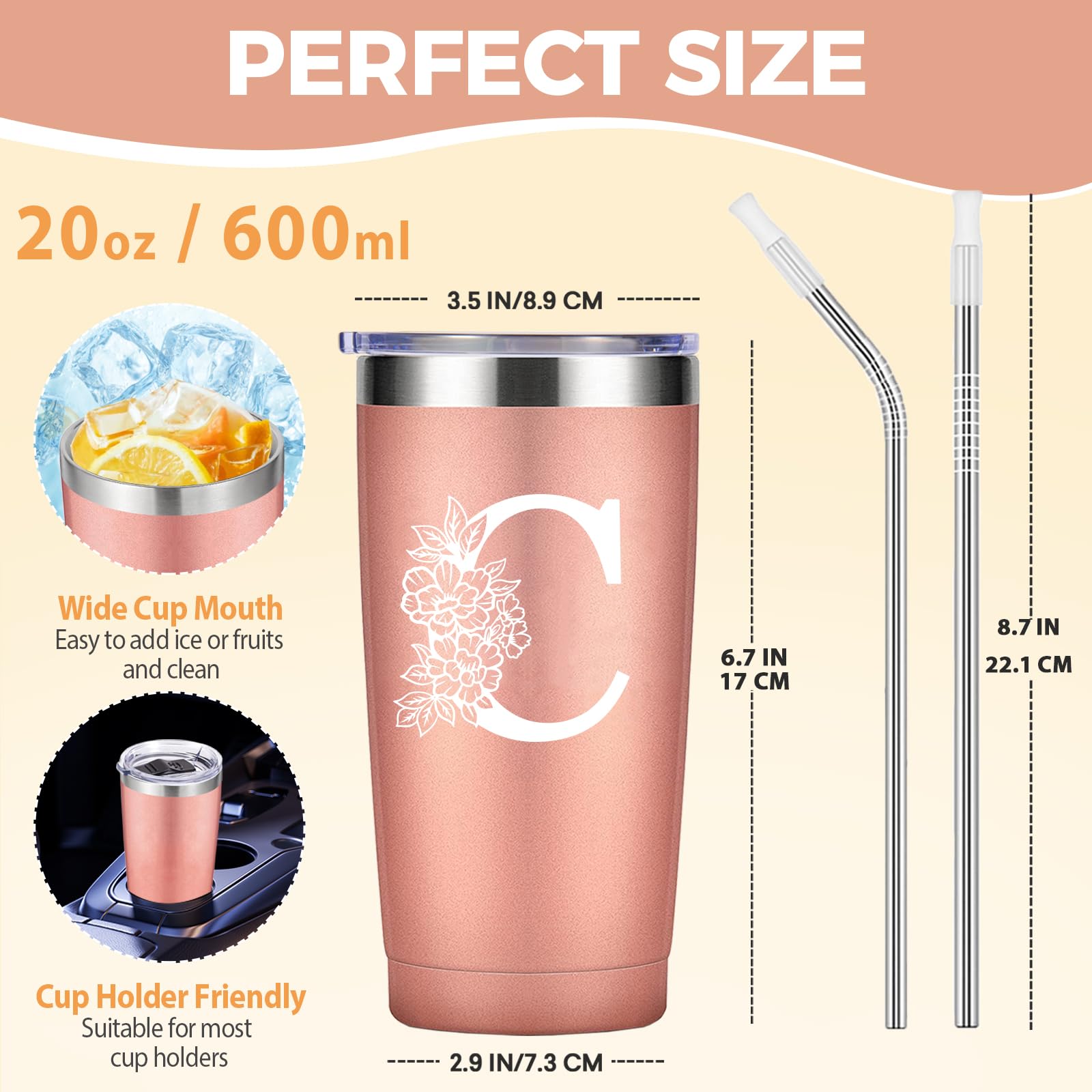 Leraverppy Personalized 20oz with Initial Stainless Steel Coffee,Leak Proof Rose Gold Tumbler with Lid And Straw Double Wall Thermal Cups for Hot and Cold Drinks Monogrammed Gifts for Women(C20-C)