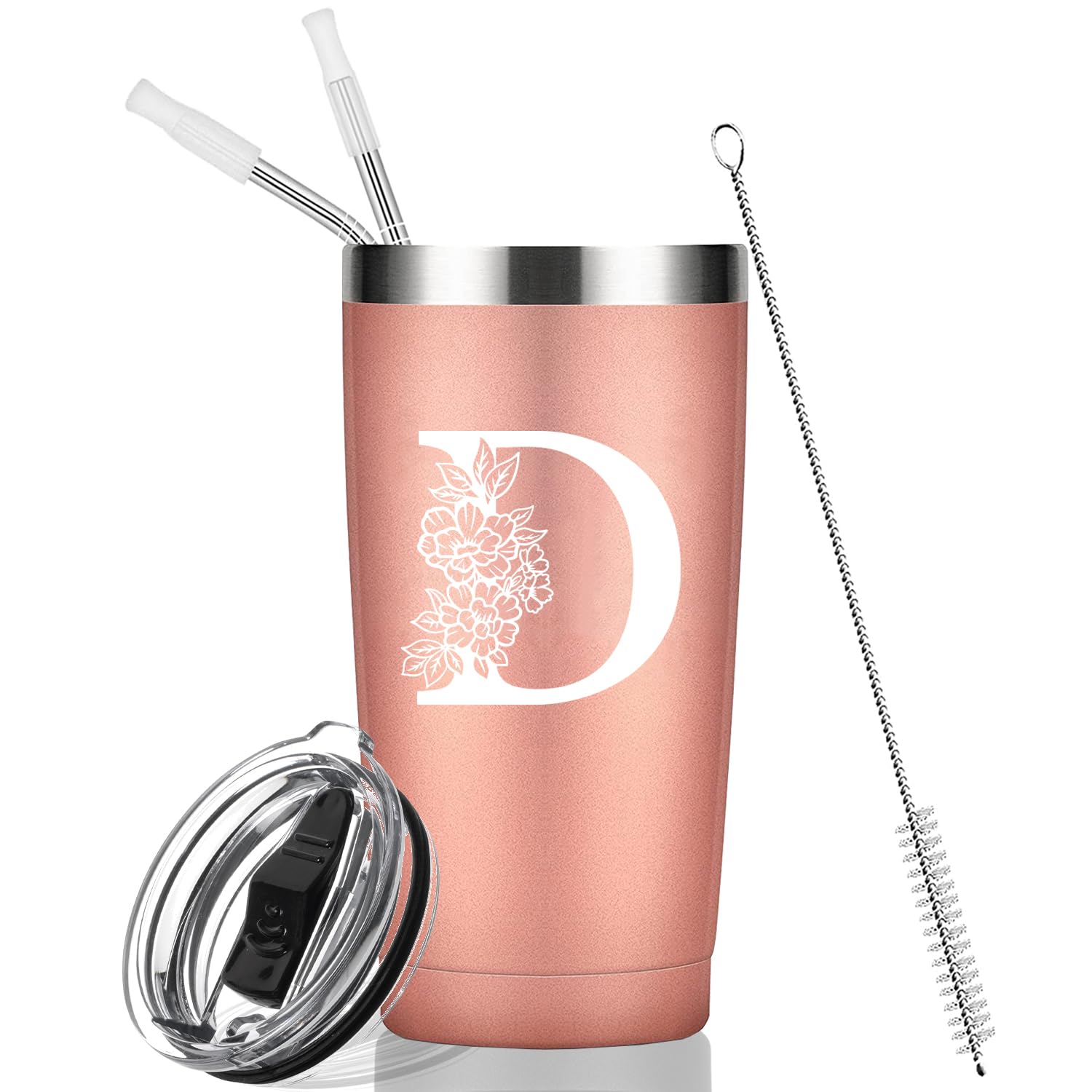Leraverppy Personalized 20oz with Initial Stainless Steel Coffee,Leak Proof Rose Gold Tumbler with Lid And Straw Double Wall Thermal Cups for Hot and Cold Drinks Monogrammed Gifts for Women(C20-D)