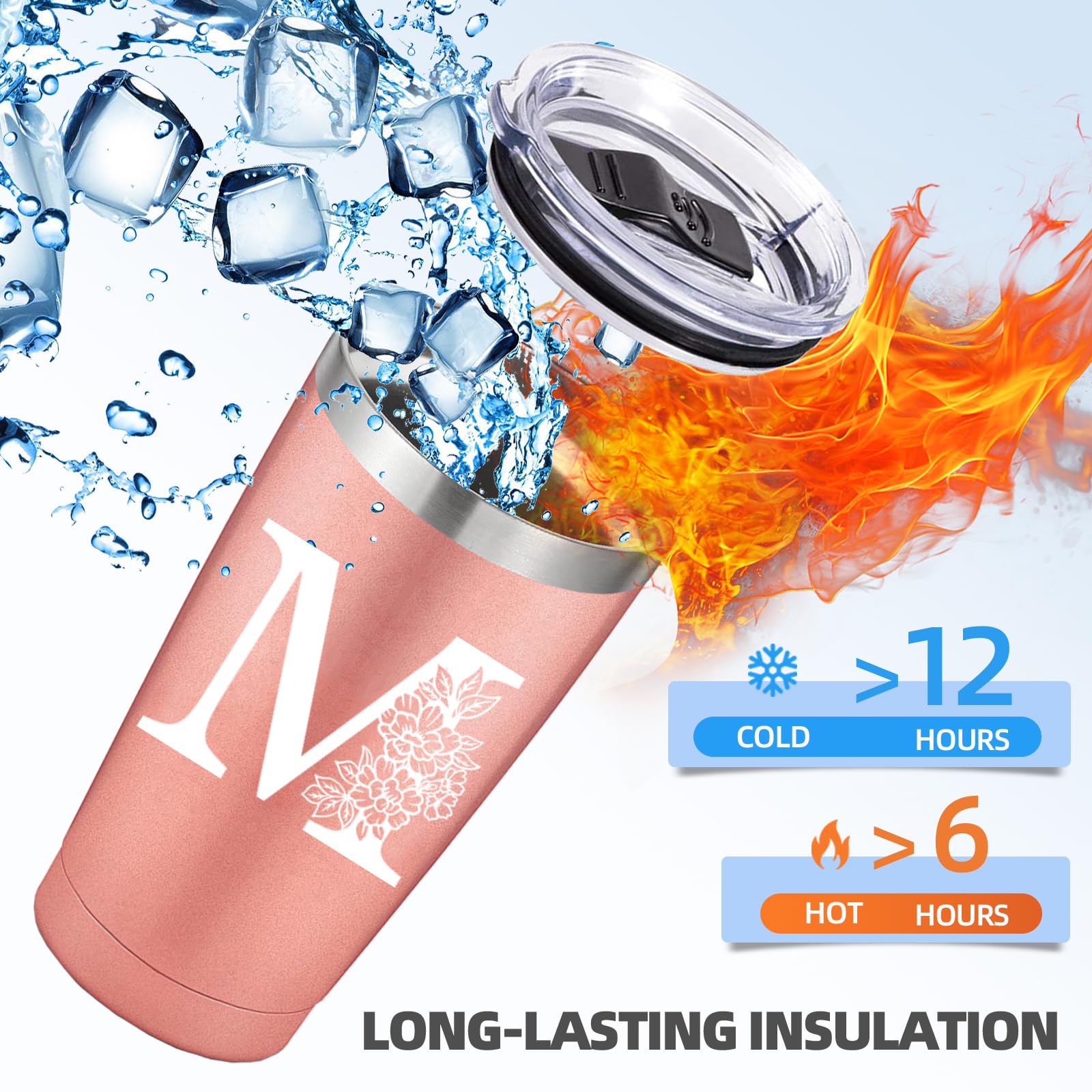 Leraverppy Personalized 20oz with Initial Stainless Steel Coffee,Leak Proof Rose Gold Tumbler with Lid And Straw Double Wall Thermal Cups for Hot and Cold Drinks Monogrammed Gifts for Women(C20-M)