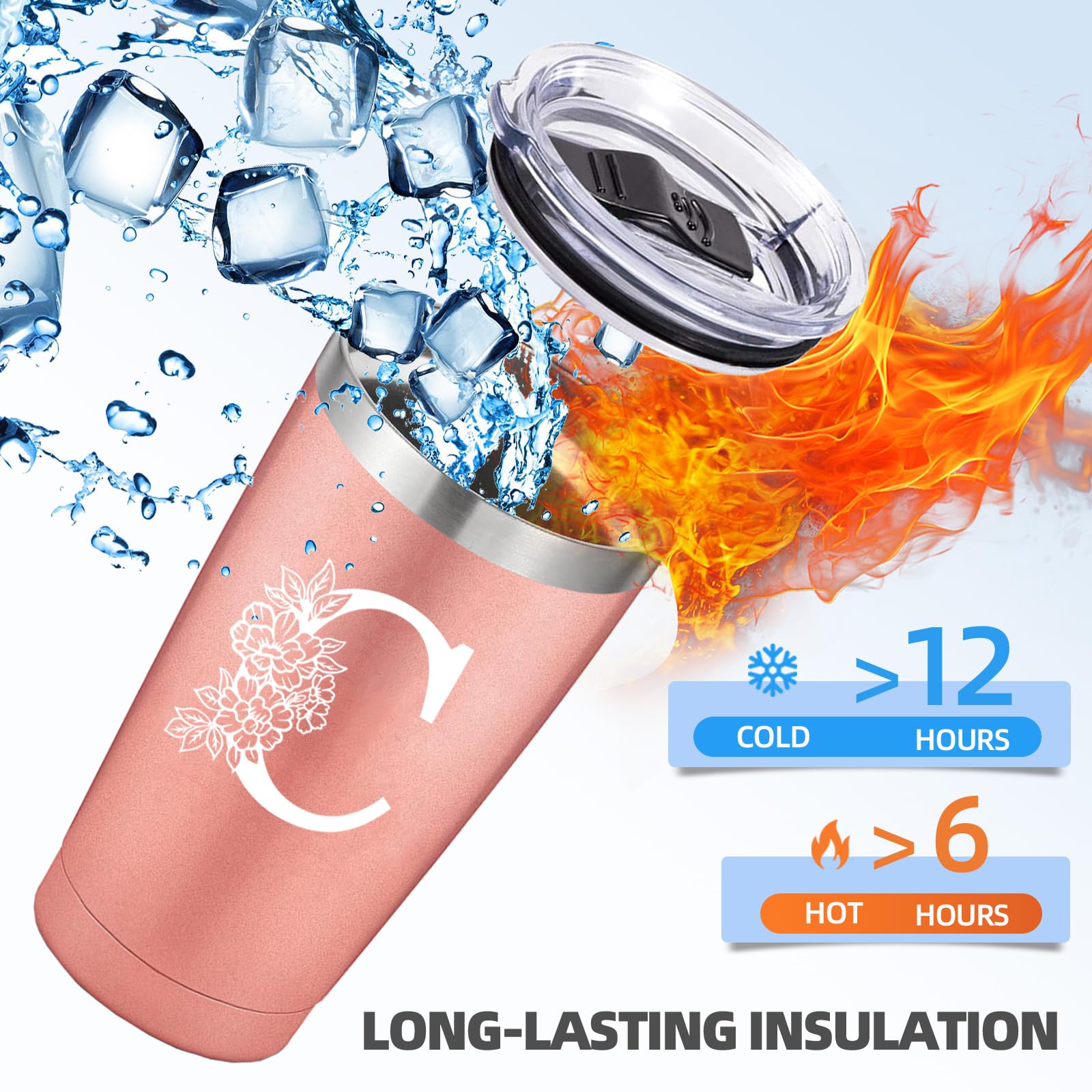 Leraverppy Personalized 20oz with Initial Stainless Steel Coffee,Leak Proof Rose Gold Tumbler with Lid And Straw Double Wall Thermal Cups for Hot and Cold Drinks Monogrammed Gifts for Women(C20-C)