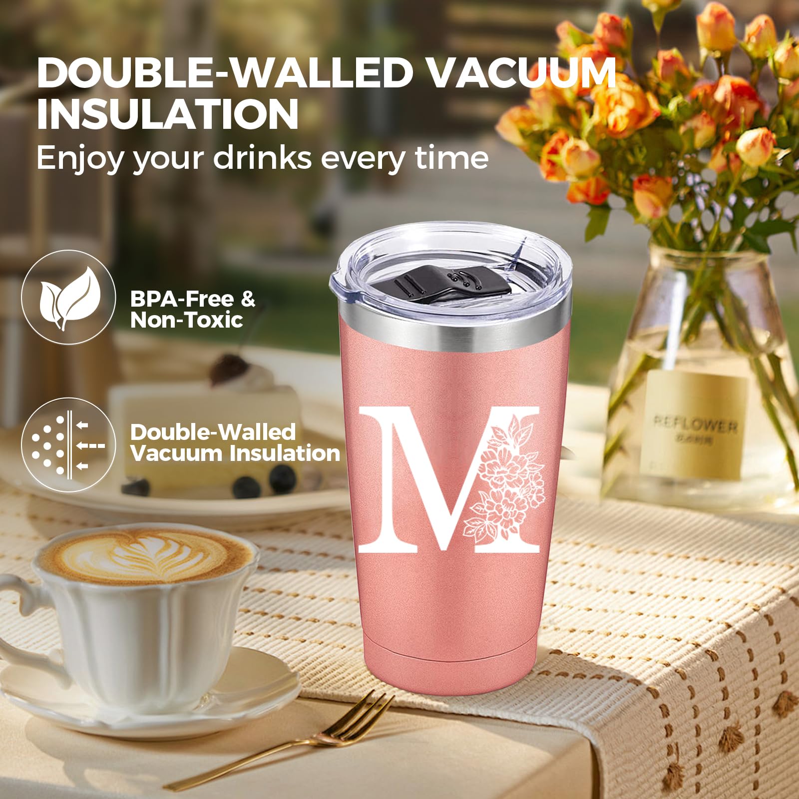 Leraverppy Personalized 20oz with Initial Stainless Steel Coffee,Leak Proof Rose Gold Tumbler with Lid And Straw Double Wall Thermal Cups for Hot and Cold Drinks Monogrammed Gifts for Women(C20-M)
