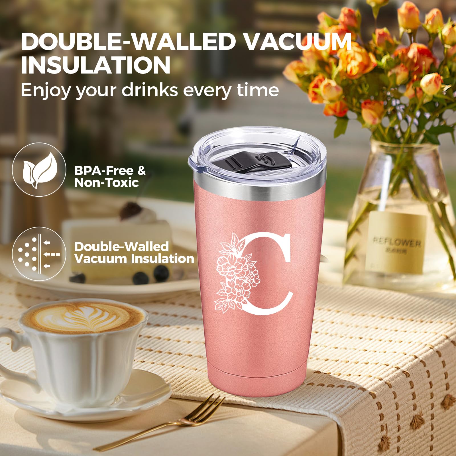 Leraverppy Personalized 20oz with Initial Stainless Steel Coffee,Leak Proof Rose Gold Tumbler with Lid And Straw Double Wall Thermal Cups for Hot and Cold Drinks Monogrammed Gifts for Women(C20-C)