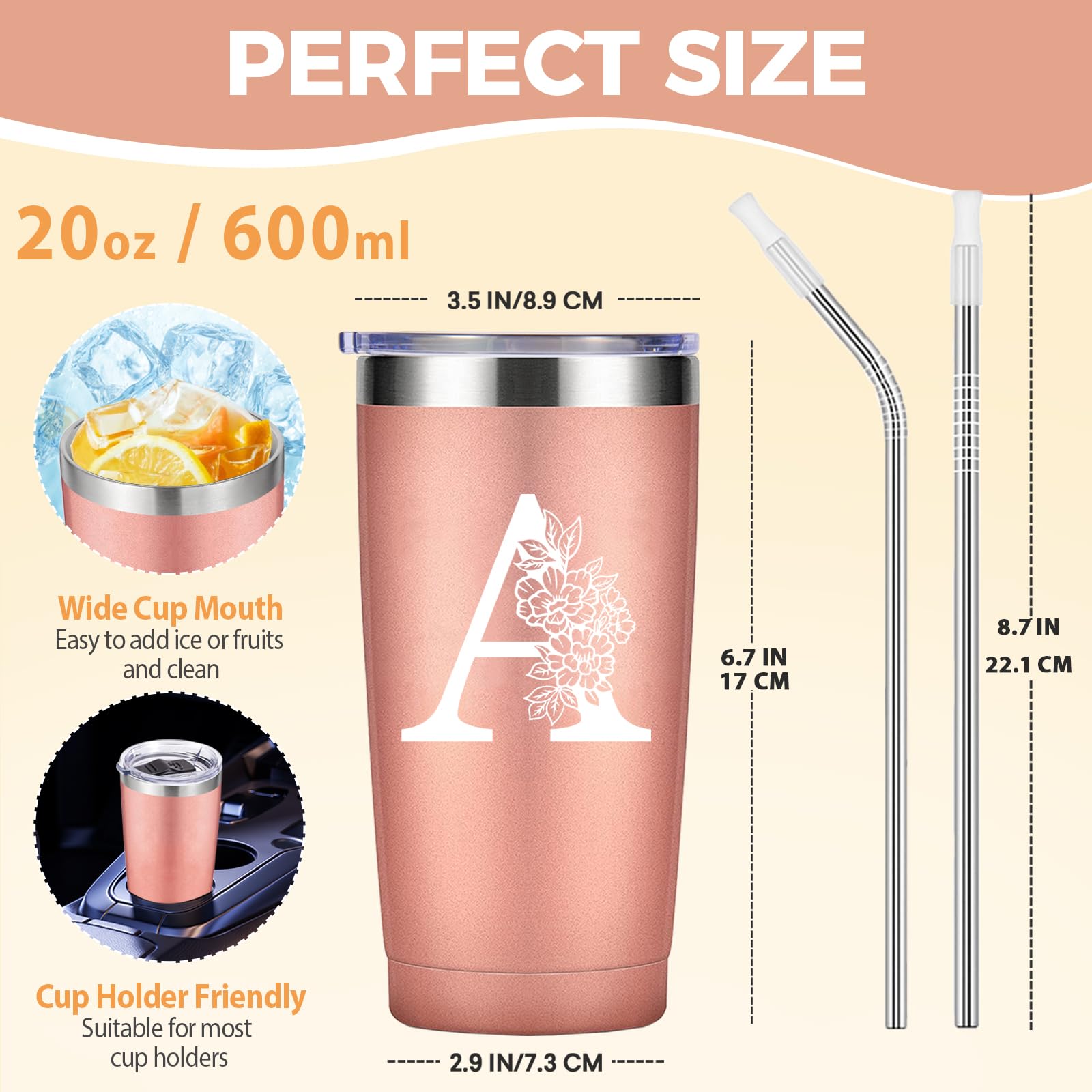 Leraverppy Personalized 20oz with Initial Stainless Steel Coffee，Leak Proof Rose Gold Tumbler with Lid And Straw Double Wall Thermal Cups for Hot and Cold Drinks Monogrammed Gifts for Women（C20-A）