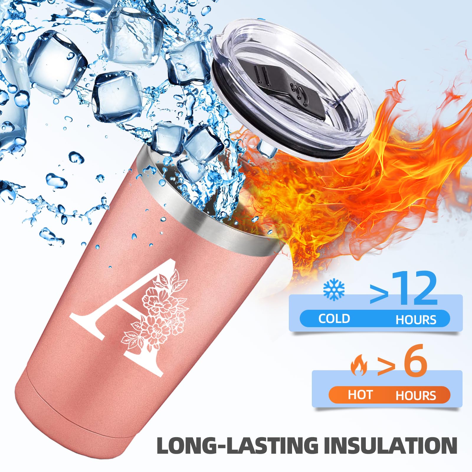 Leraverppy Personalized 20oz with Initial Stainless Steel Coffee，Leak Proof Rose Gold Tumbler with Lid And Straw Double Wall Thermal Cups for Hot and Cold Drinks Monogrammed Gifts for Women（C20-A）