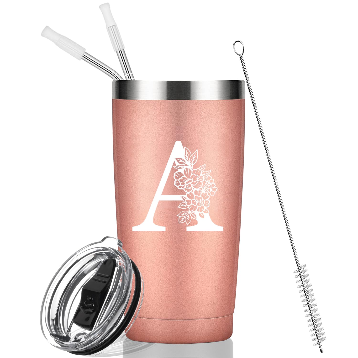 Leraverppy Personalized 20oz with Initial Stainless Steel Coffee,Leak Proof Rose Gold Tumbler with Lid And Straw Double Wall Thermal Cups for Hot and Cold Drinks Monogrammed Gifts for Women(C20-A)