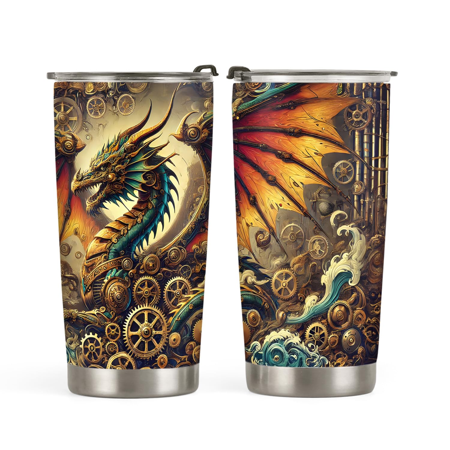 64HYDRO 20oz Steampunk Mechanical Dragon Tumbler, Engineer Mechanic Dragons, Gaming, Gamers Gifts for Dragon Lovers, Stainless Steel Double Wall Vacuum Insulated Coffee Mug, Travel Cup with Lid