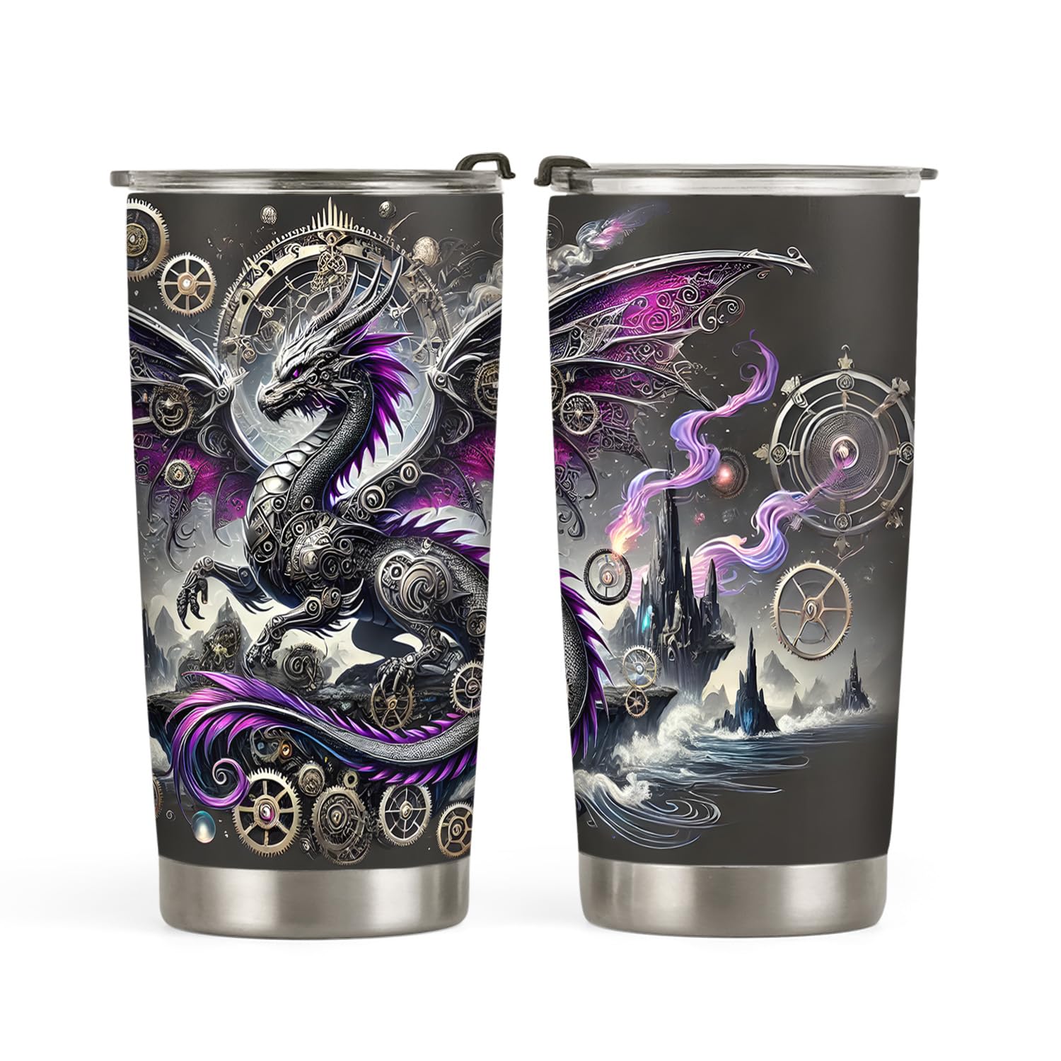 64HYDRO 20oz Steampunk Mechanical Dragon Tumbler, Engineer Mechanic Dragons, Gaming, Gamers Gifts for Dragon Lovers, Stainless Steel Double Wall Vacuum Insulated Coffee Mug, Travel Cup with Lid - F