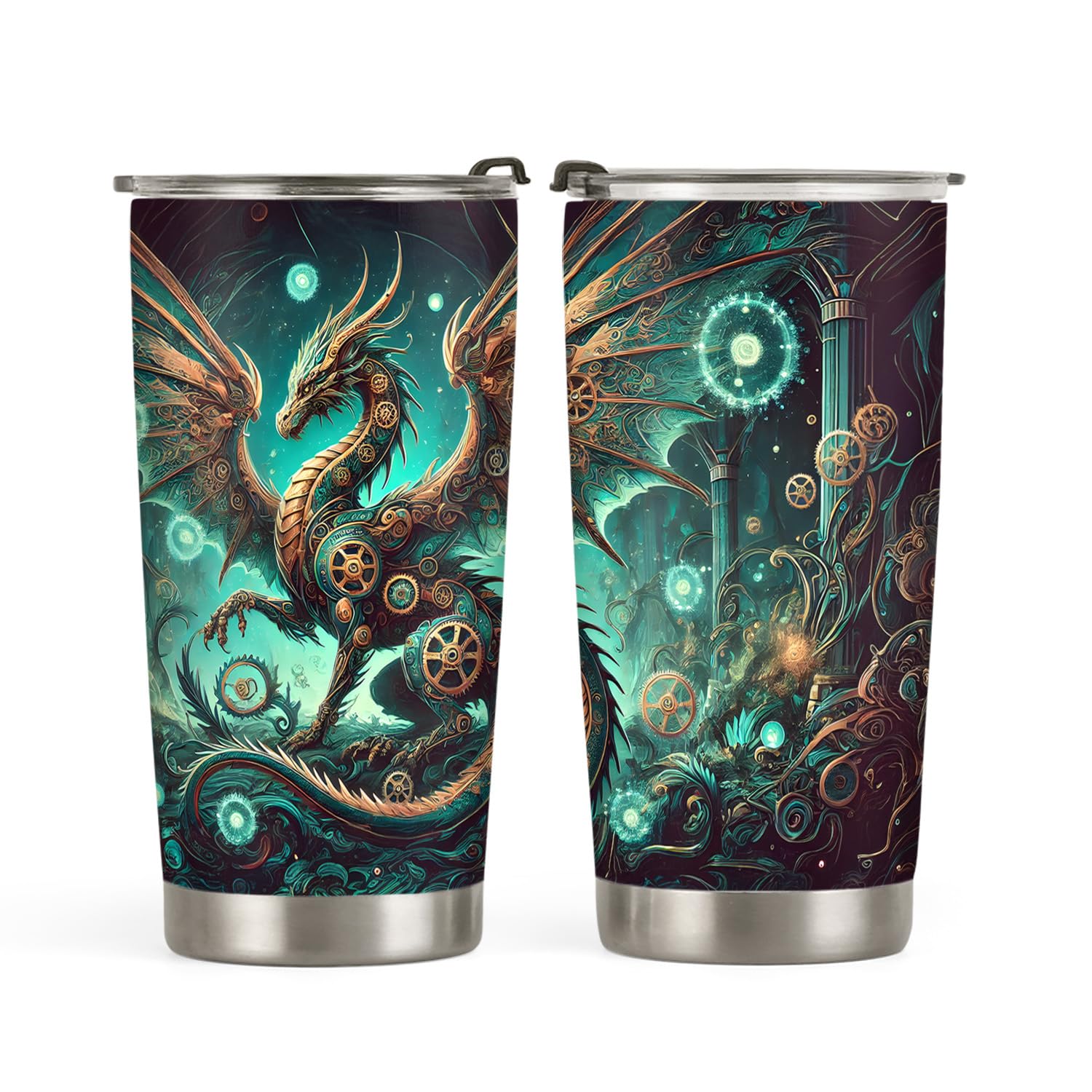 64HYDRO 20oz Steampunk Mechanical Dragon Tumbler, Engineer Mechanic Dragons, Gaming, Gamers Gifts for Dragon Lovers, Stainless Steel Double Wall Vacuum Insulated Coffee Mug, Travel Cup with Lid