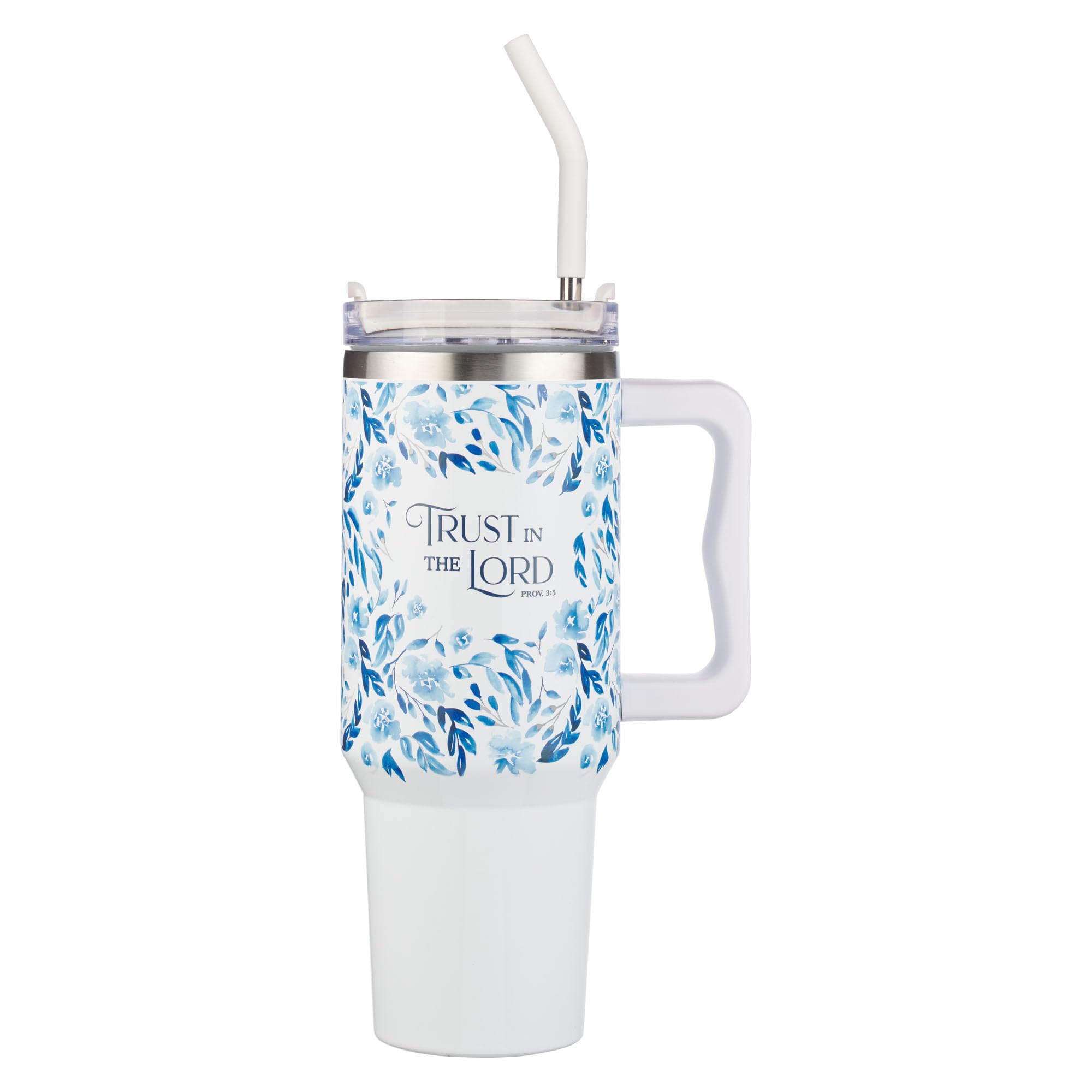 Christian Art Gifts Extra Large Double Wall Stainless Steel Insulated Travel Tumbler for Women: Trust in the Lord Uplifting Scripture, Twist Dial Lid, Reusable Straw & Tip, White & Blue Floral, 40 oz