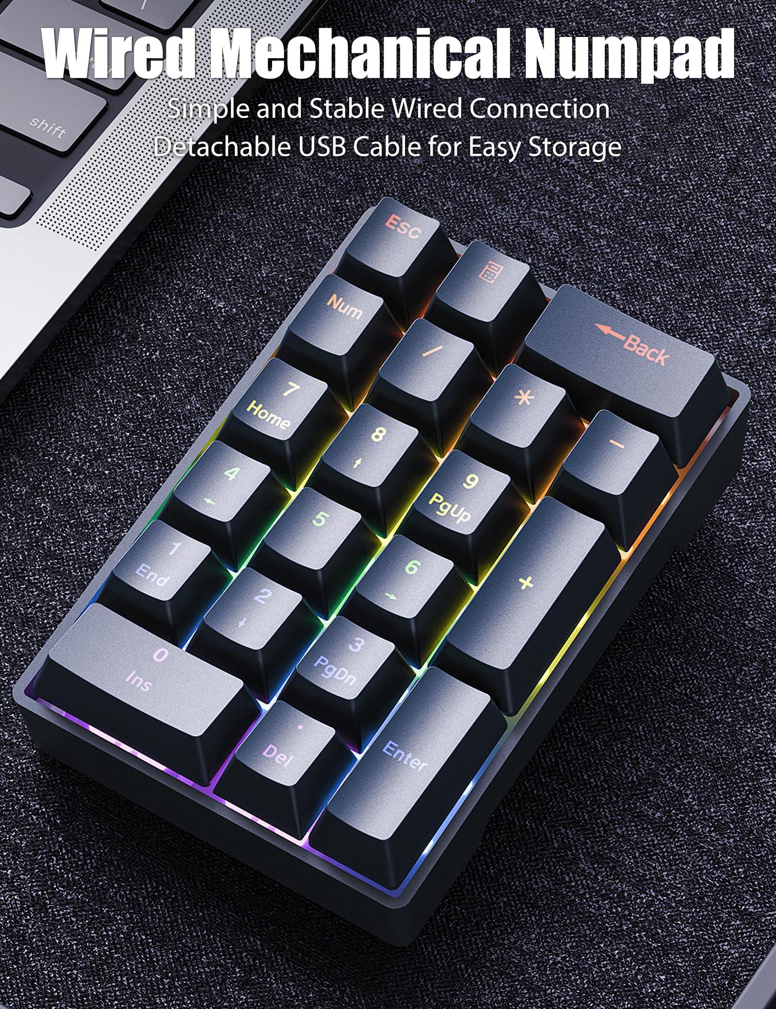 TISHLED Wired Mechanical Numpad Rainbow LED Backlit 20-Key Number Pad Brown Switches Shine Through Keycaps Detachable Cable Numeric Keyboard for PC/Laptop/Win/Mac, Black