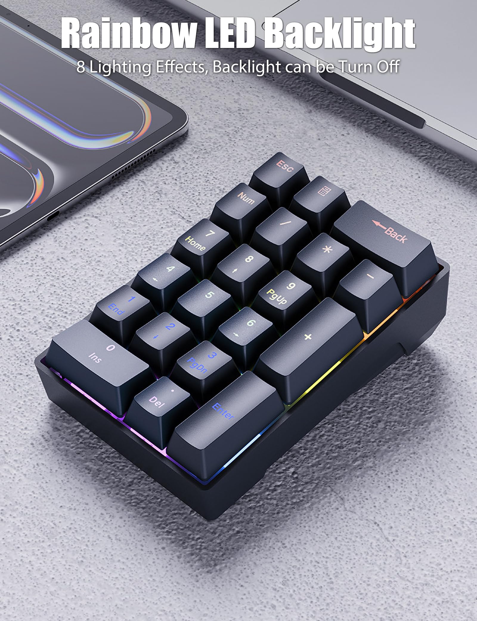 TISHLED Wired Mechanical Numpad Rainbow LED Backlit 20-Key Number Pad Brown Switches Shine Through Keycaps Detachable Cable Numeric Keyboard for PC/Laptop/Win/Mac, Black