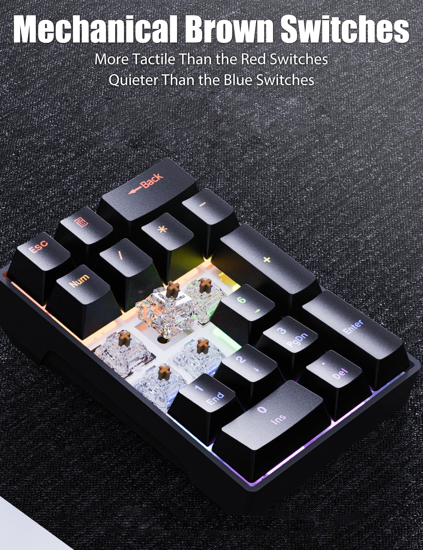 TISHLED Wired Mechanical Numpad Rainbow LED Backlit 20-Key Number Pad Brown Switches Shine Through Keycaps Detachable Cable Numeric Keyboard for PC/Laptop/Win/Mac, Black
