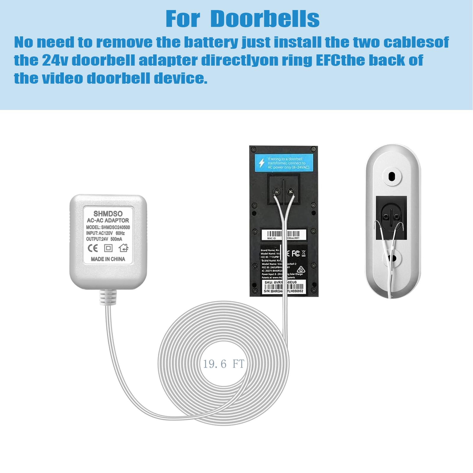 24V Doorbell Power Supply,24V Video Doorbell Power Adapter,Compatible with Arlo Nest Wyze Eufy Ring Doorbell Transformer (White 19.6 Feet)