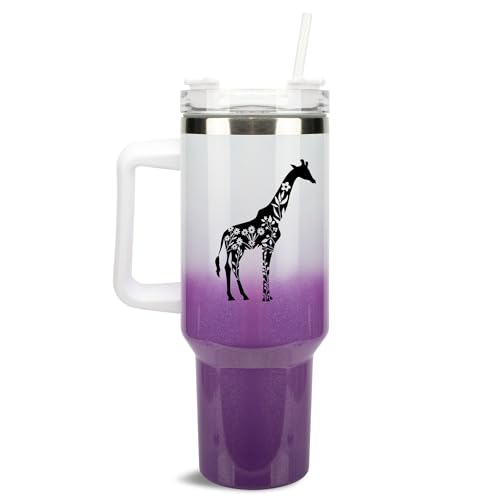Elanze Designs Giraffe Growing Wildflower Animal Floral Motif 40 Oz. Stainless Steel Water Coffee Mug, Spill & Leak Resistant, Travel Tumbler with Handle, Lid & Straw, White & Purple