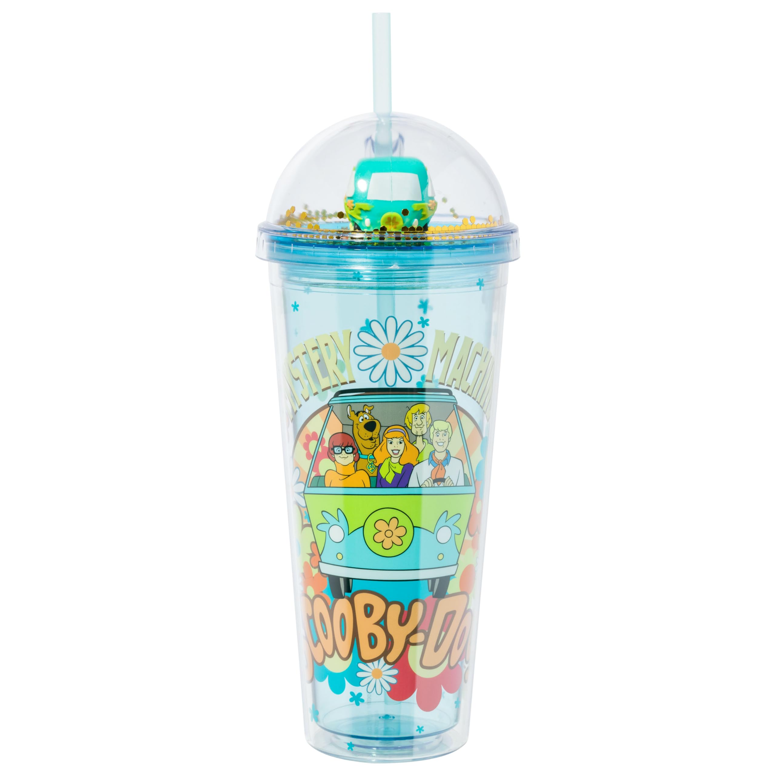 Silver Buffalo Scooby Doo Mystery Machine Featuring Shaggy, Velma, Daphne, and Fred Dome Glitter Top Travel Tumbler, 24 Ounces