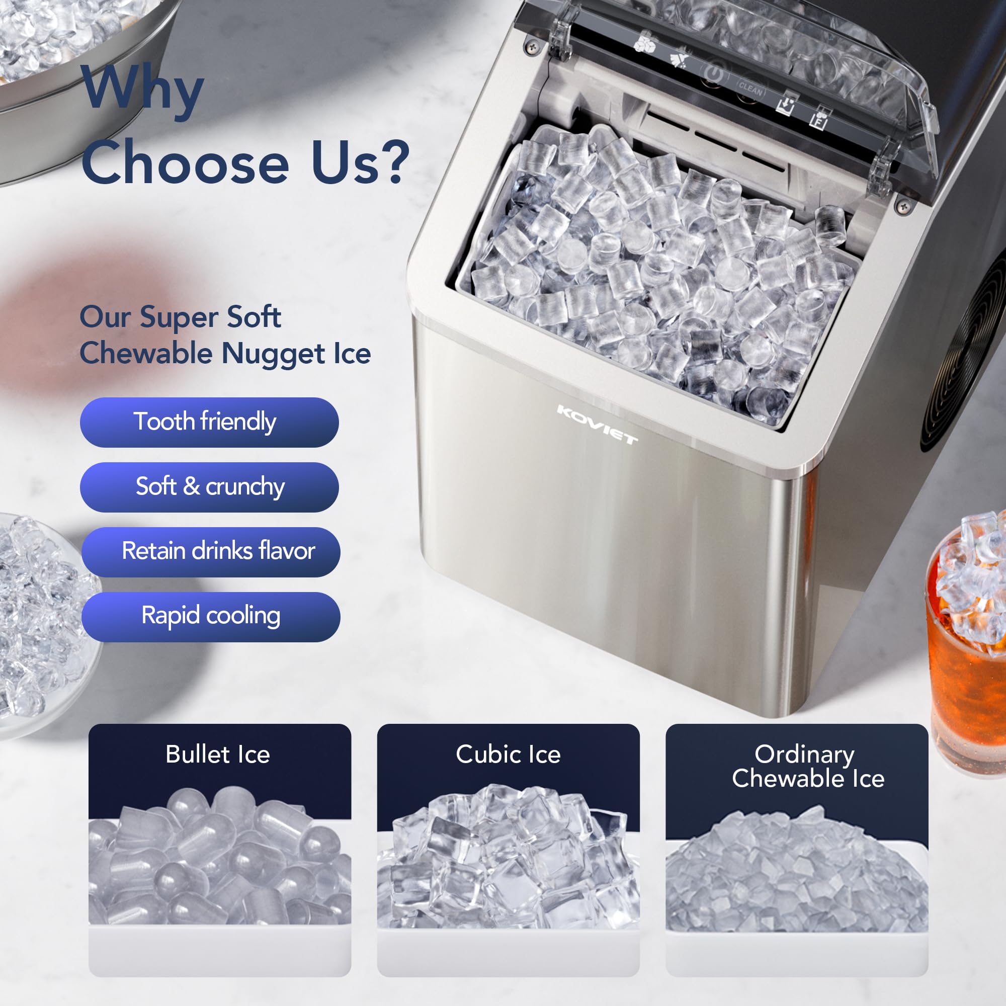 KOVIET Nugget Ice Makers Countertop, Soft Pebble Ice Machine, Chewable Crushed Pellet Ice 42lbs/Day, Self-Cleaning Drainpipe Ice Maker for Party, Home, Kitchen, Bar, Office, Silver Gray