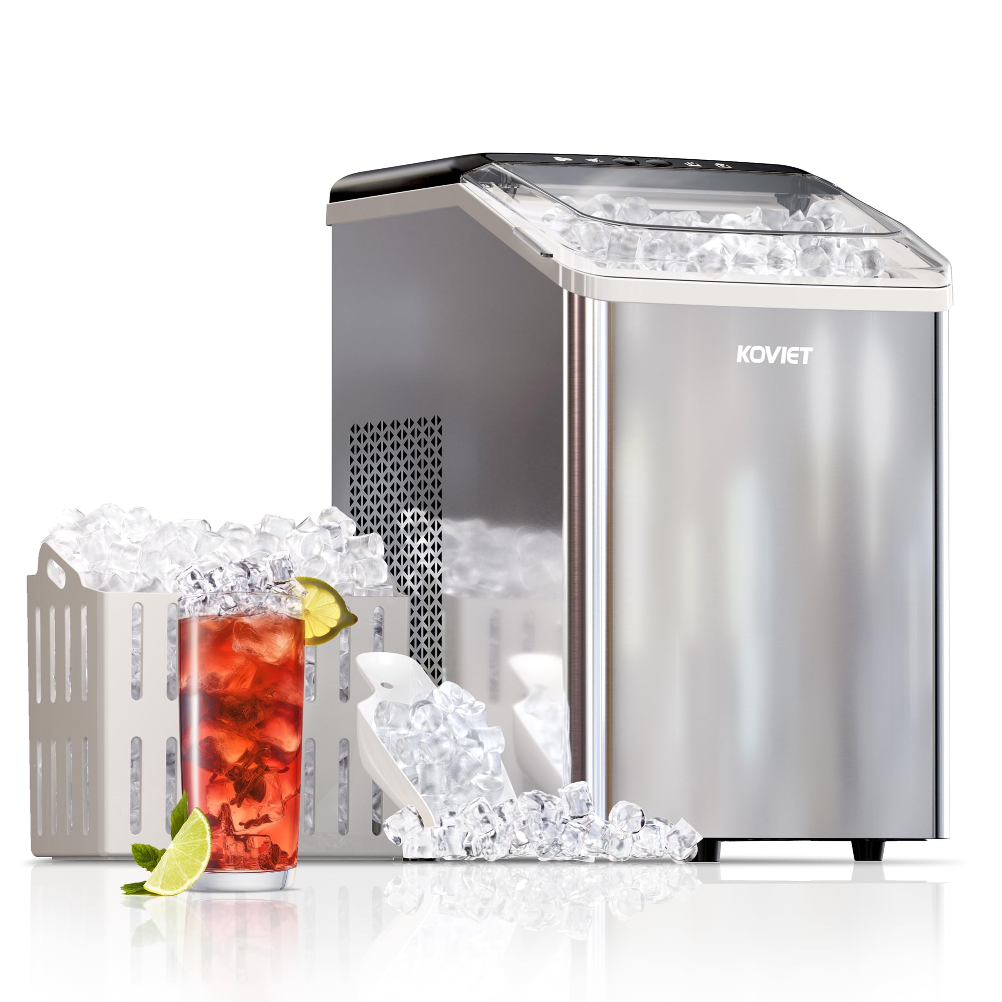 KOVIET Nugget Ice Makers Countertop, Soft Pebble Ice Machine, Chewable Crushed Pellet Ice 42lbs/Day, Self-Cleaning Drainpipe Ice Maker for Party, Home, Kitchen, Bar, Office, Silver Gray